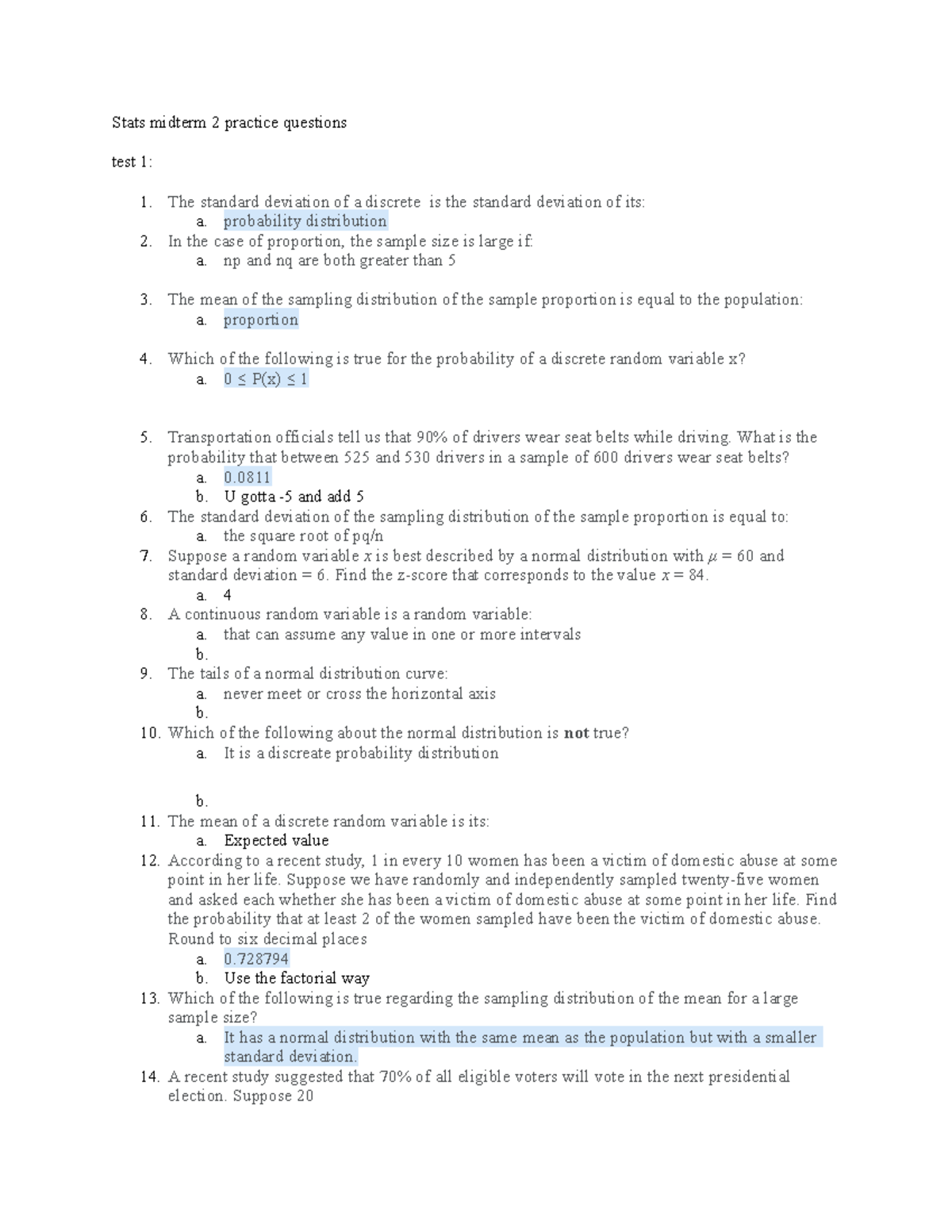 Stats midterm 2 pratcice questions - Stats midterm 2 practice questions ...