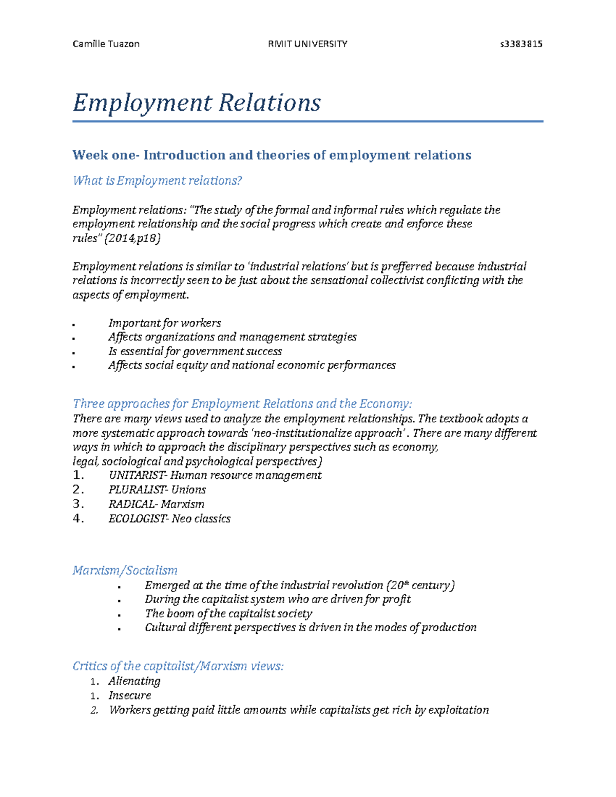 Examination Revision - Summary - lecture 1 - 12 - Employment Relations ...
