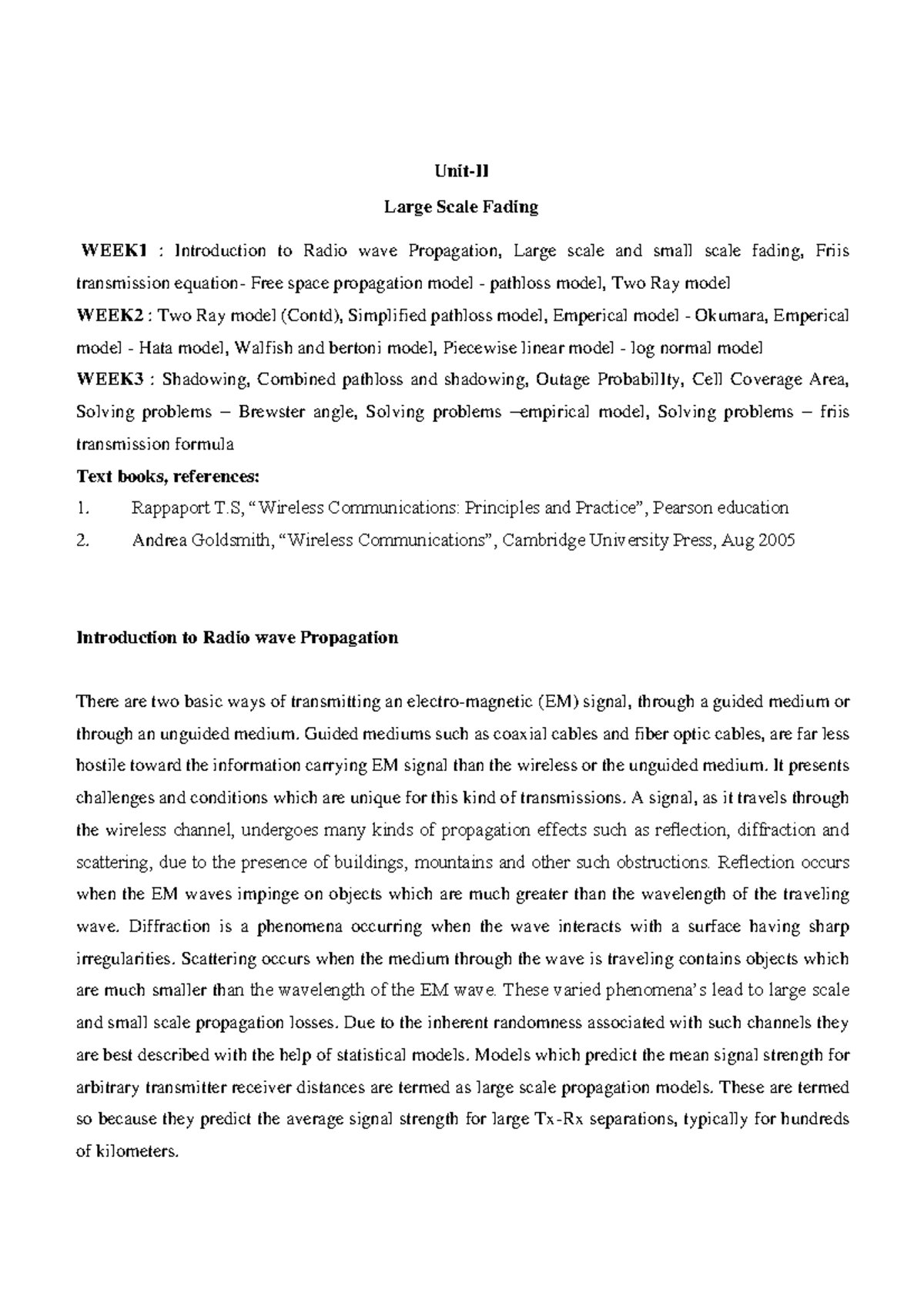 Unit-2 WC - BEST NOTES - Unit-II Large Scale Fading WEEK1 ...