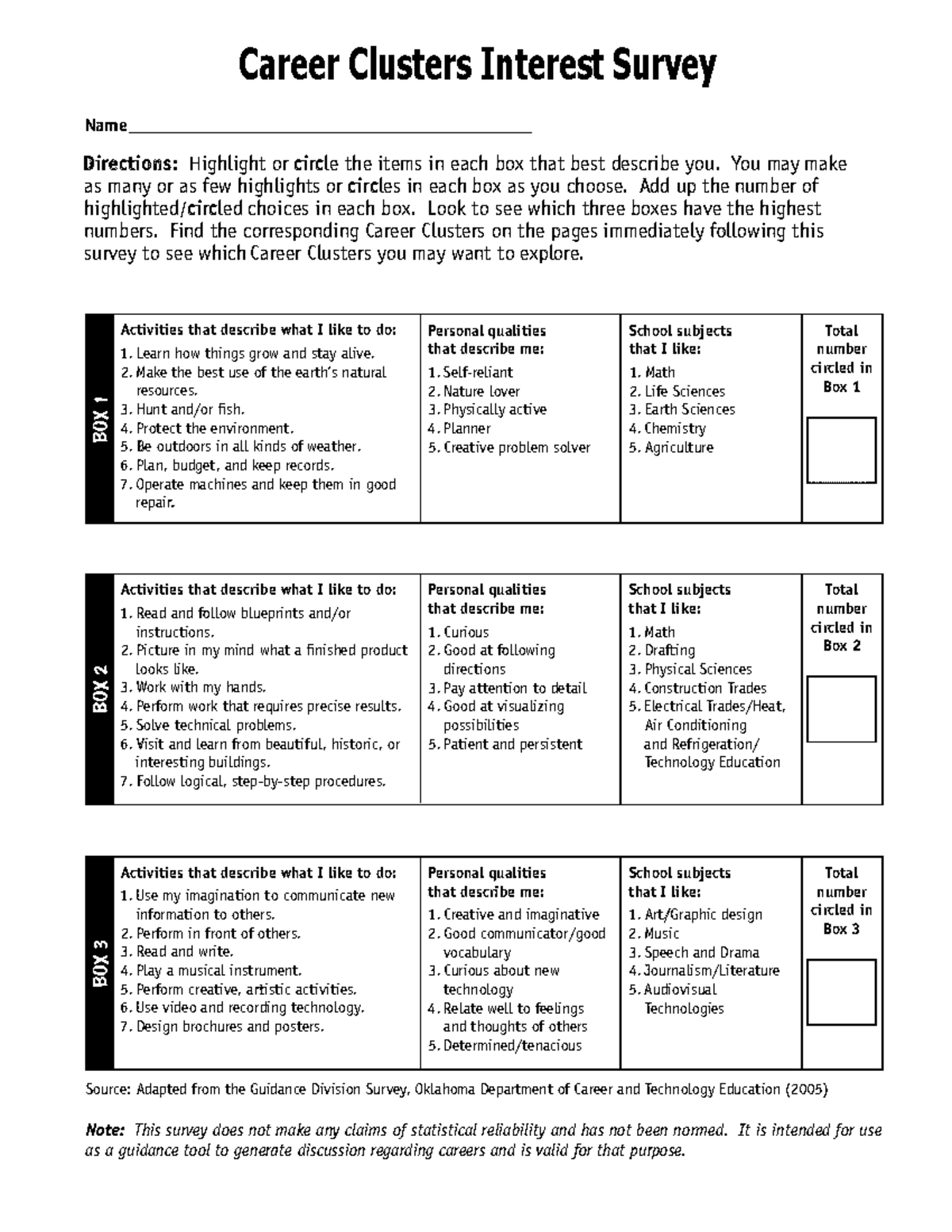 Student Interest Survey-English MJEdit - Career Clusters Interest ...
