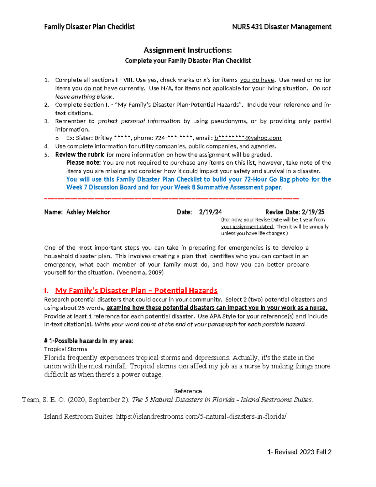 Family Disaster Plan Checklist Nutrition - Assignment Instructions ...
