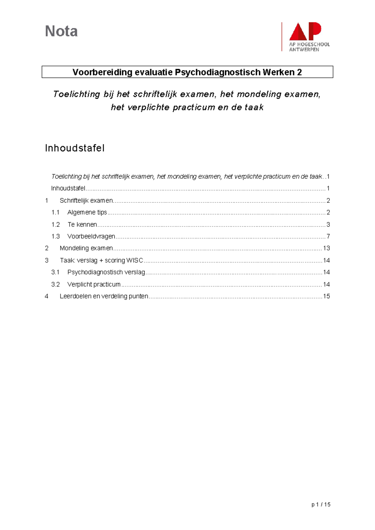 Voorbereiding evaluatie PW2 2023-2024 - Nota Voorbereiding evaluatie Psychodiagnostisch Werken 2 ...