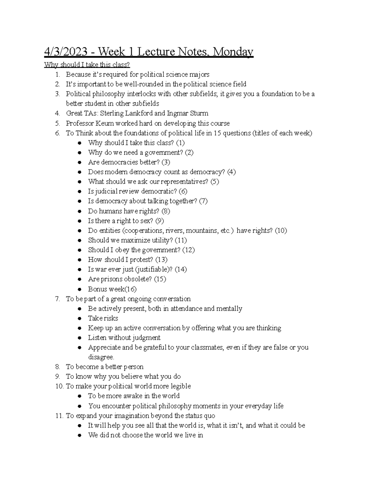 Poli Sci 1 Week 1 Lecture 1 - 4/3/2023 - Week 1 Lecture Notes, Monday ...