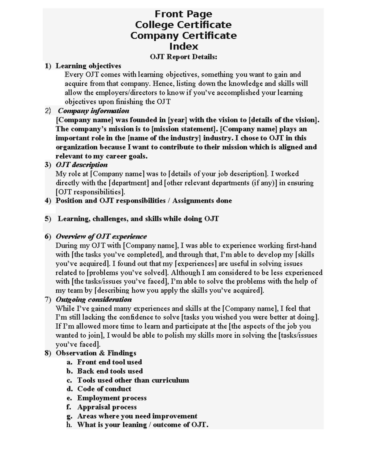 OJT - Practical - Front Page College Certificate Company Certificate ...