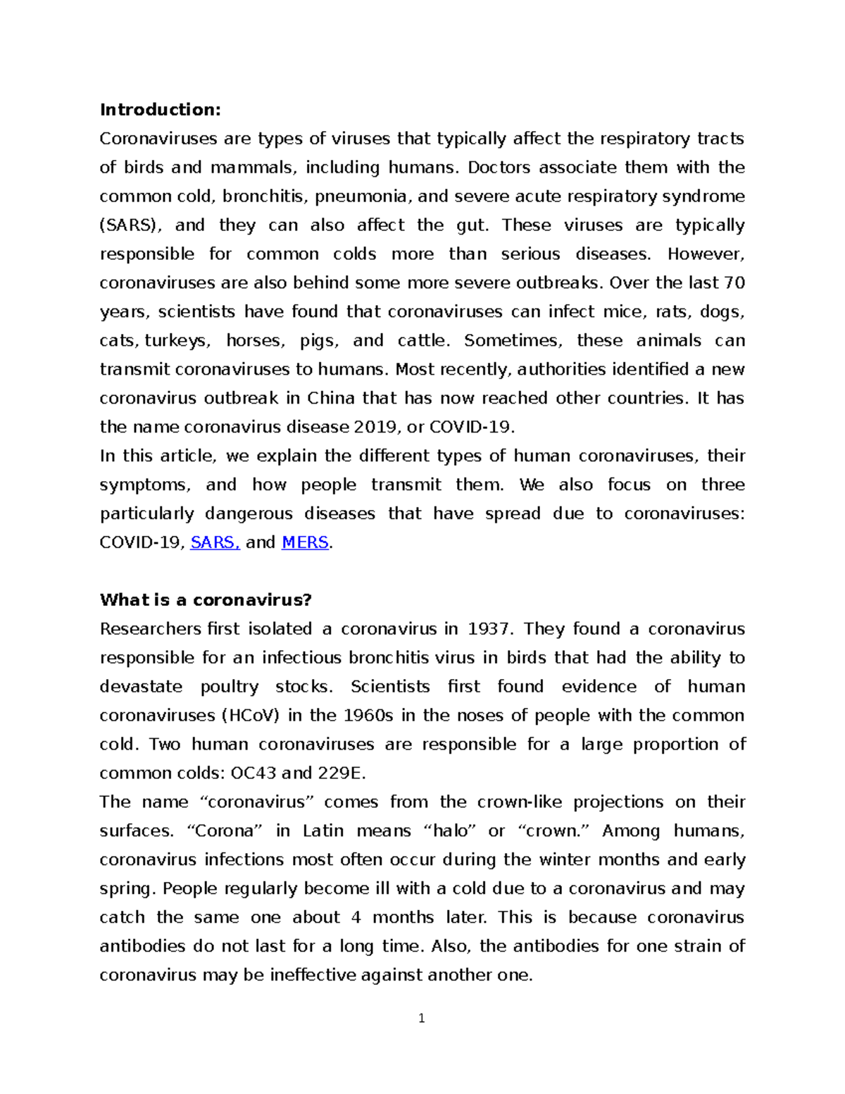 Assignment - Introduction: Coronaviruses are types of viruses that ...