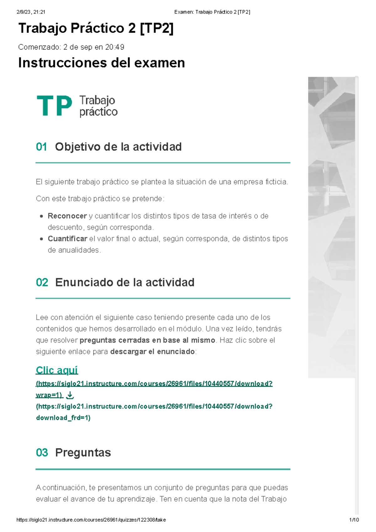 Examen Trabajo Práctico 2 [TP2] 2 - Trabajo Práctico 2 [TP2] Comenzado: 2 de sep en 20: - Studocu