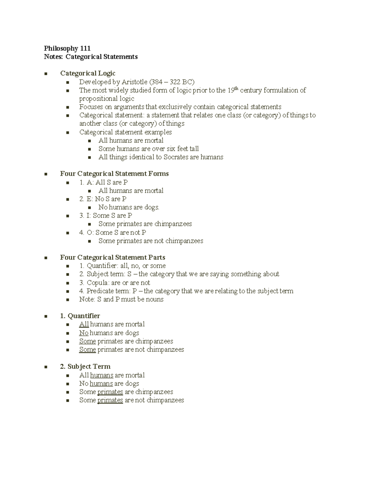 Notes - Week 2 Categorical Statements - Philosophy 111 Notes ...