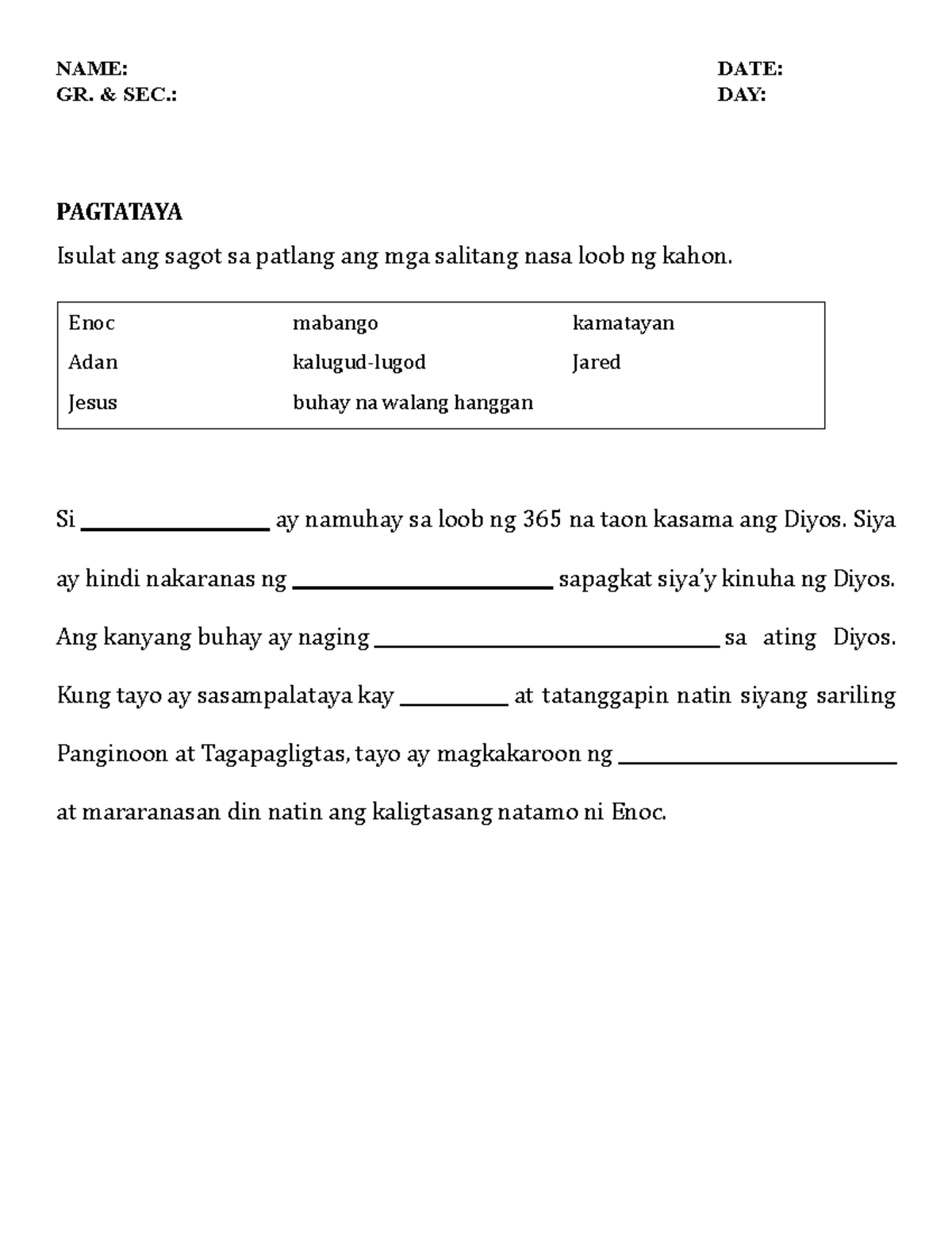 18 COPY - 2PAGE PER Sheet - Pagtataya - NAME: DATE: GR. & SEC.: DAY ...