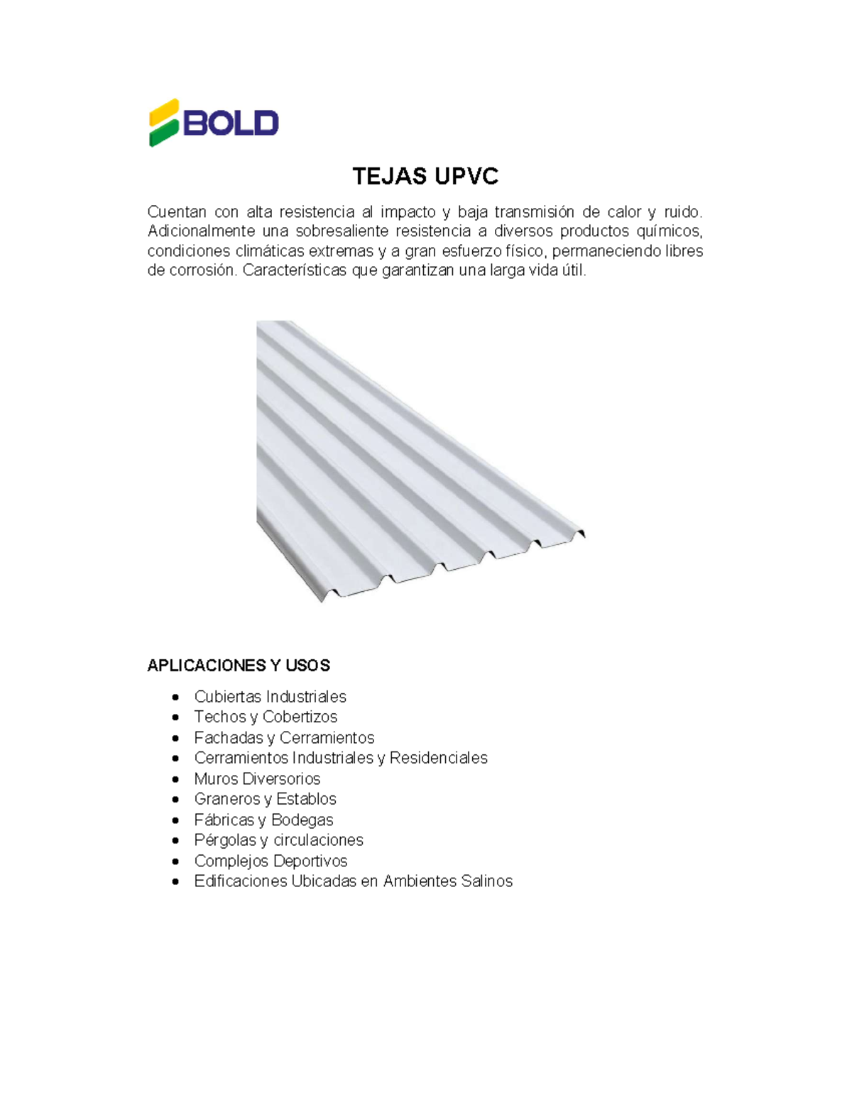 Ficha tecnica Teja UPVC Bold - TEJAS UPVC Cuentan con alta resistencia ...