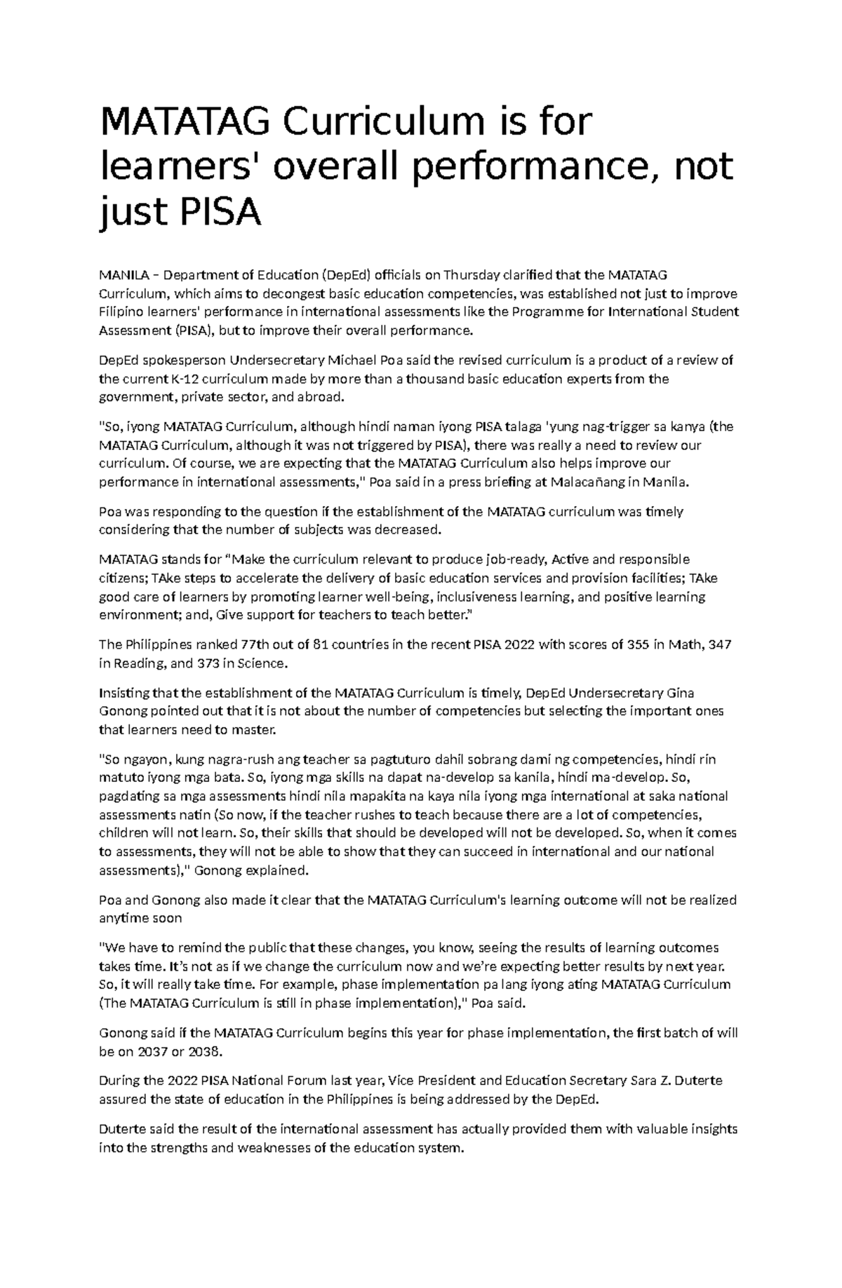 Matatag Curriculum Is For Learners - MATATAG Curriculum Is For Learners