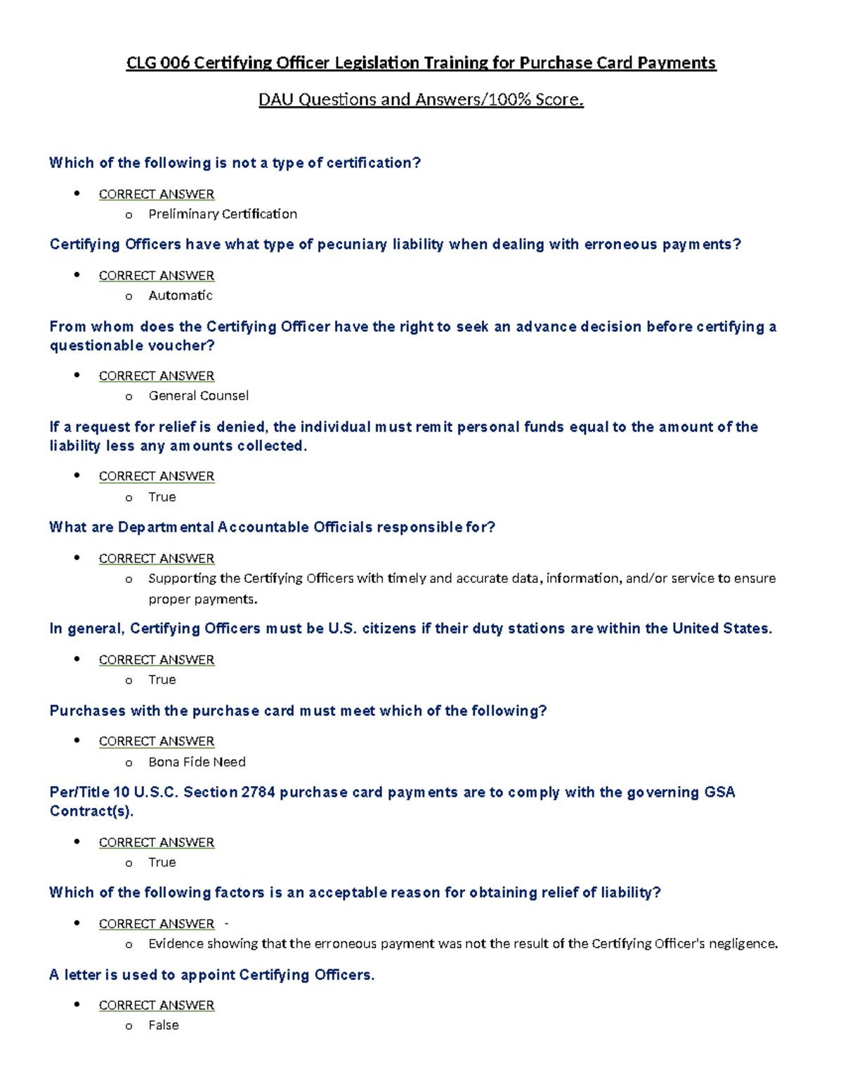 Questions CLG 006 Certifying Officer Legislation Training for Purchase ...