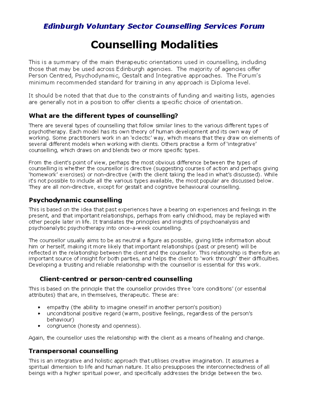 Counselling Modalities - Copy - Edinburgh Voluntary Sector Counselling ...