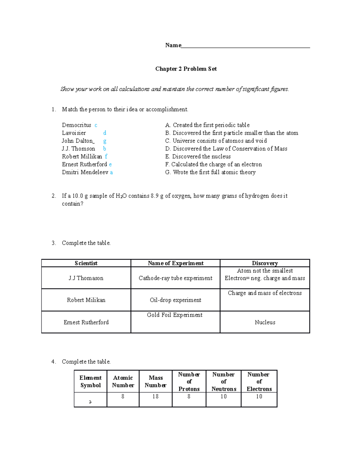 Chp 2 problem set suber - Name Chapter 2 Problem Set Show your work on all calculations and ...