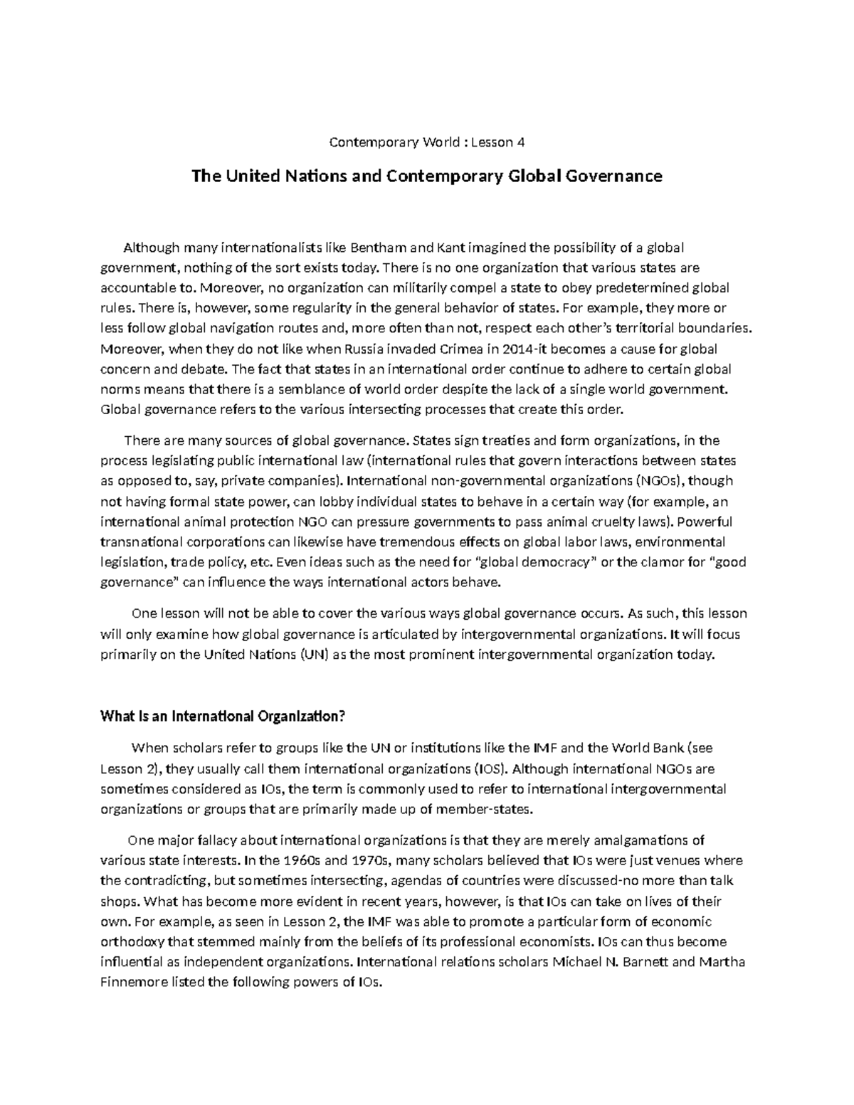 CW M4 - okkk - Contemporary World : Lesson 4 The United Nations and ...