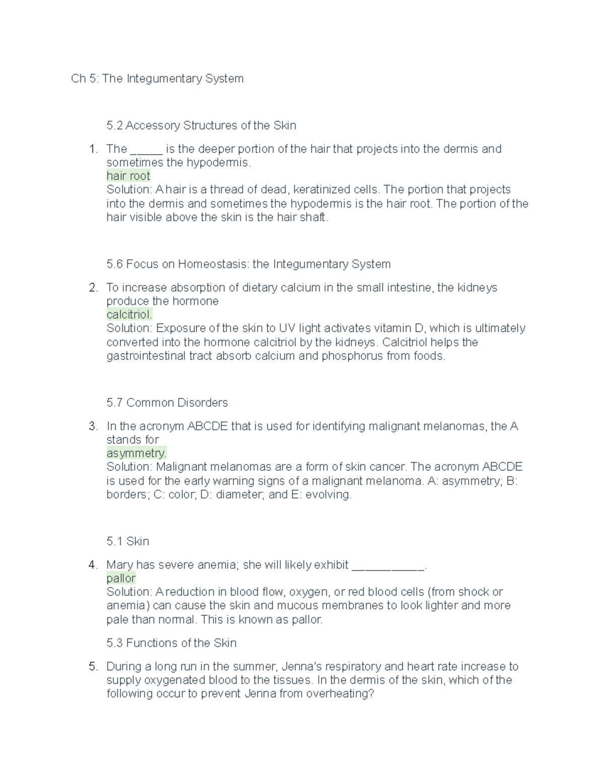 Ch 5 Practice Assignment - Ch 5: The Integumentary System 5 Accessory ...