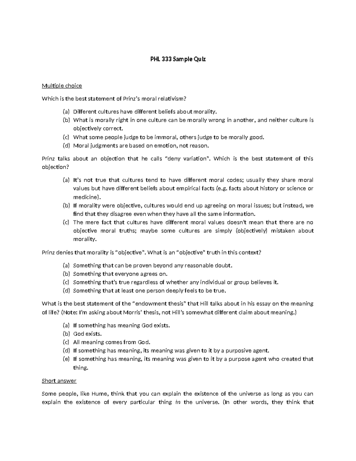 333Sample Quiz - sample quiz - PHL 333 Sample Quiz Multiple choice ...