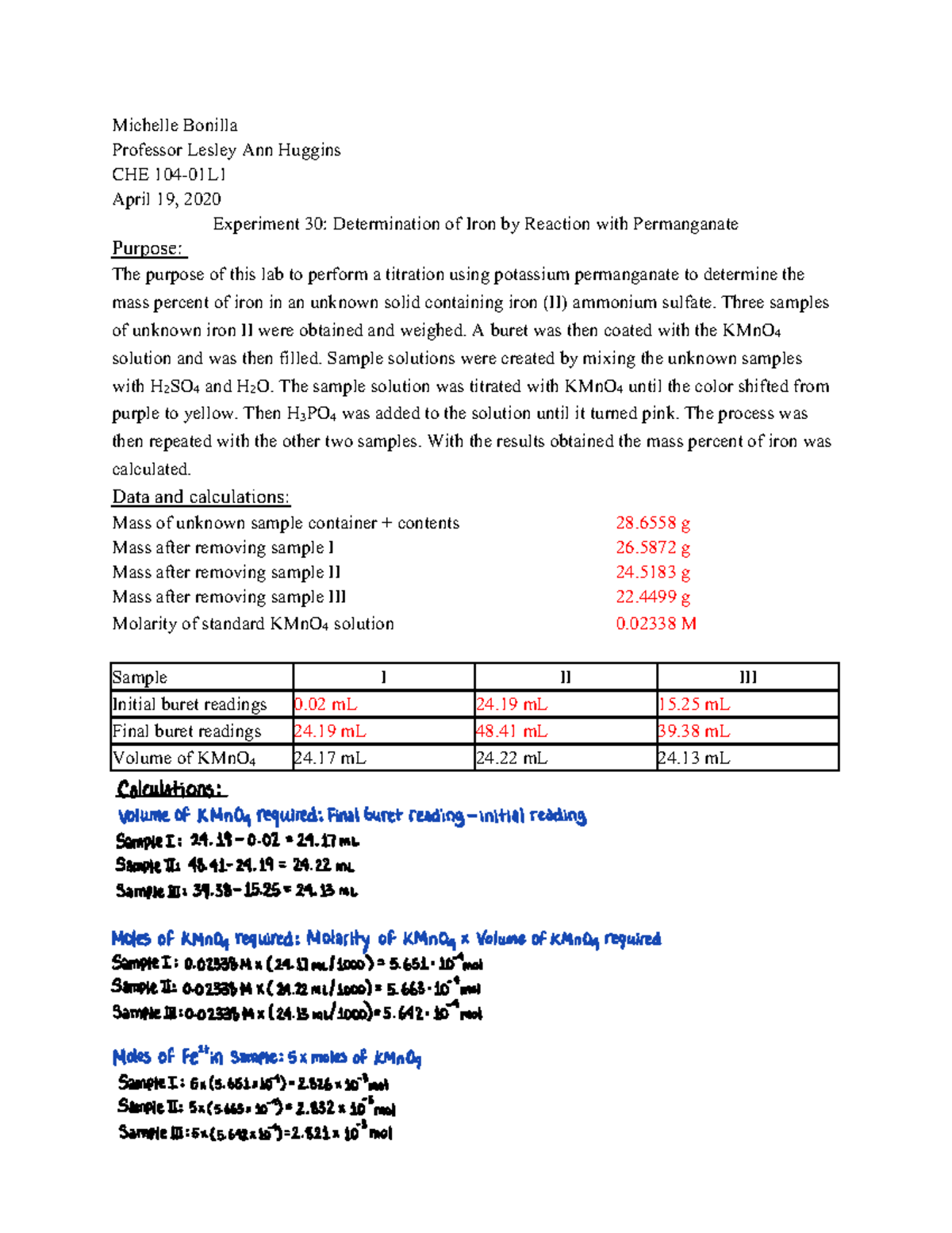 CHE 104 post-lab reflection (Experiment 30) - Michelle Bonilla ...