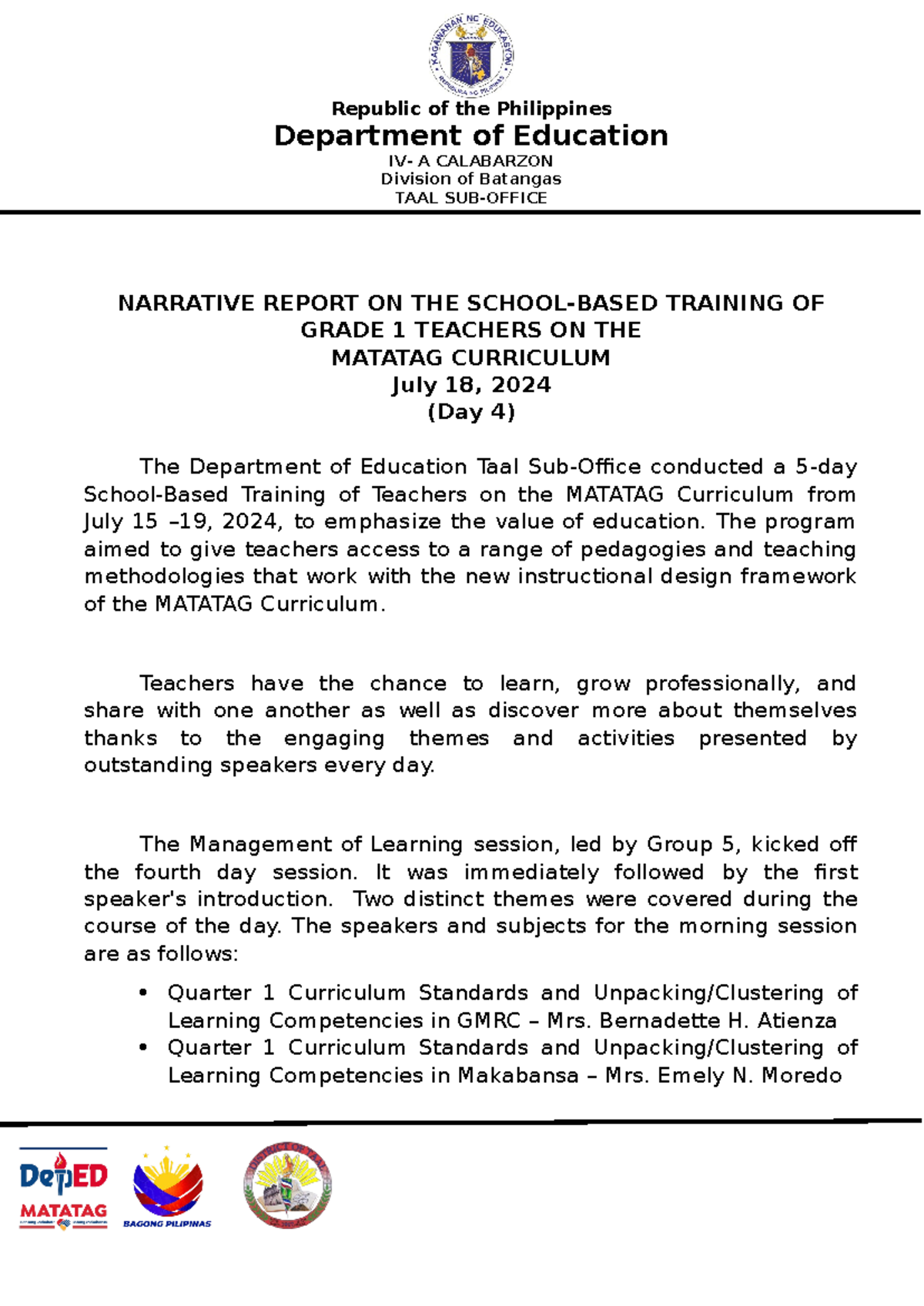 751979086 Narrative Report Matatag Training Day 4 - Department of ...