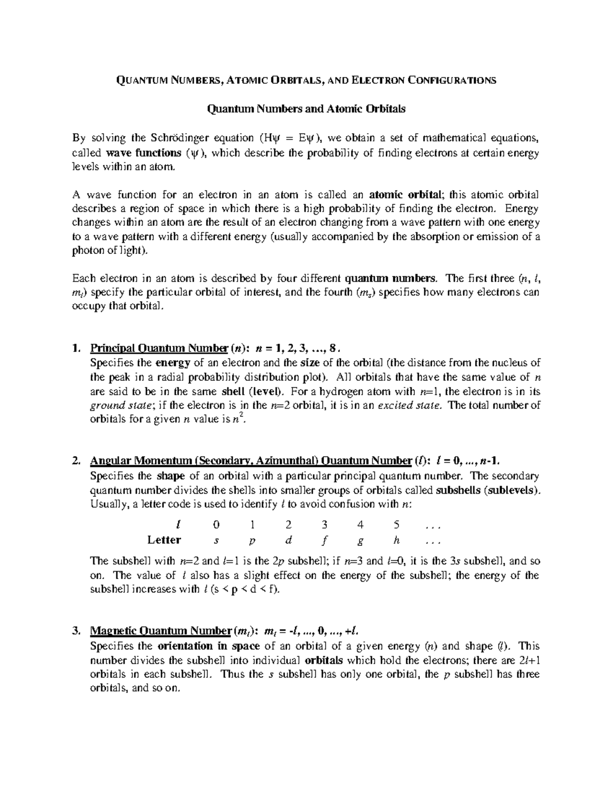 Quantum Numbers - notes - QUANTUM NUMBERS, ATOMIC ORBITALS, AND ...