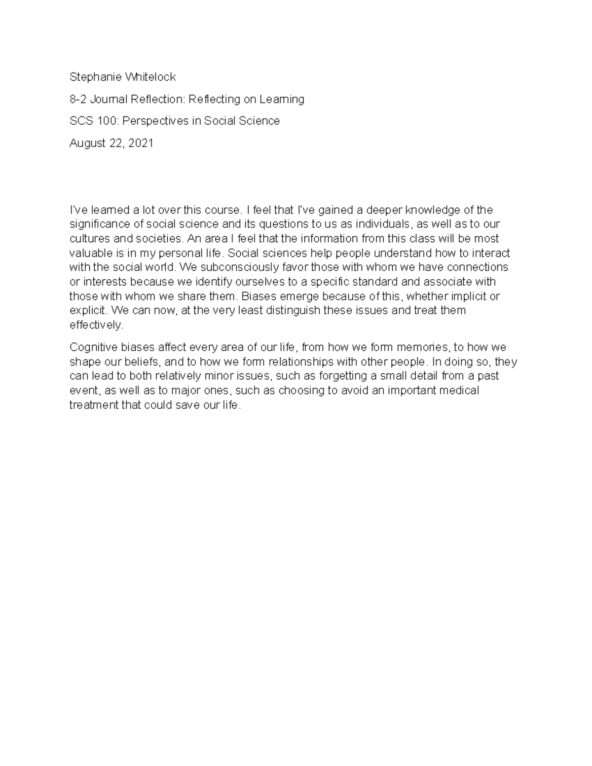 SCS 100 8-2 Journal Reflection - Stephanie Whitelock 8-2 Journal ...