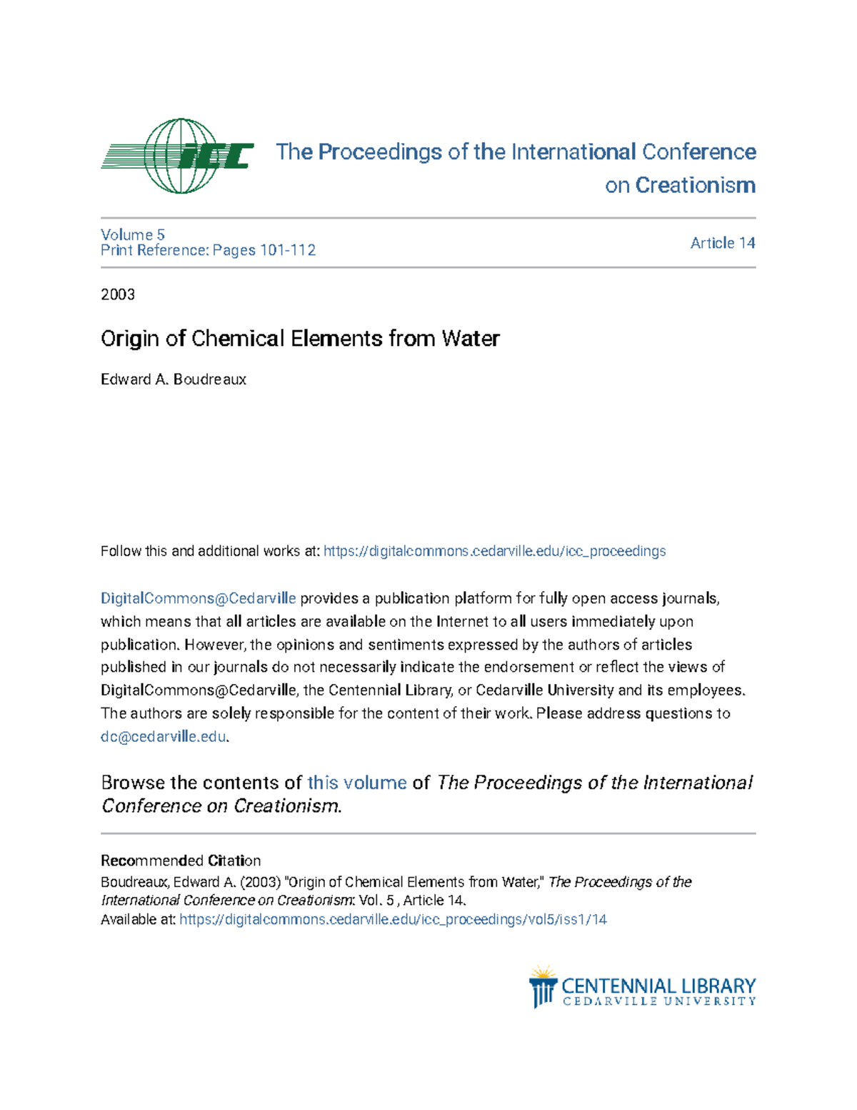 Origin of Chemical Elements from Water - The Proceedings of the ...