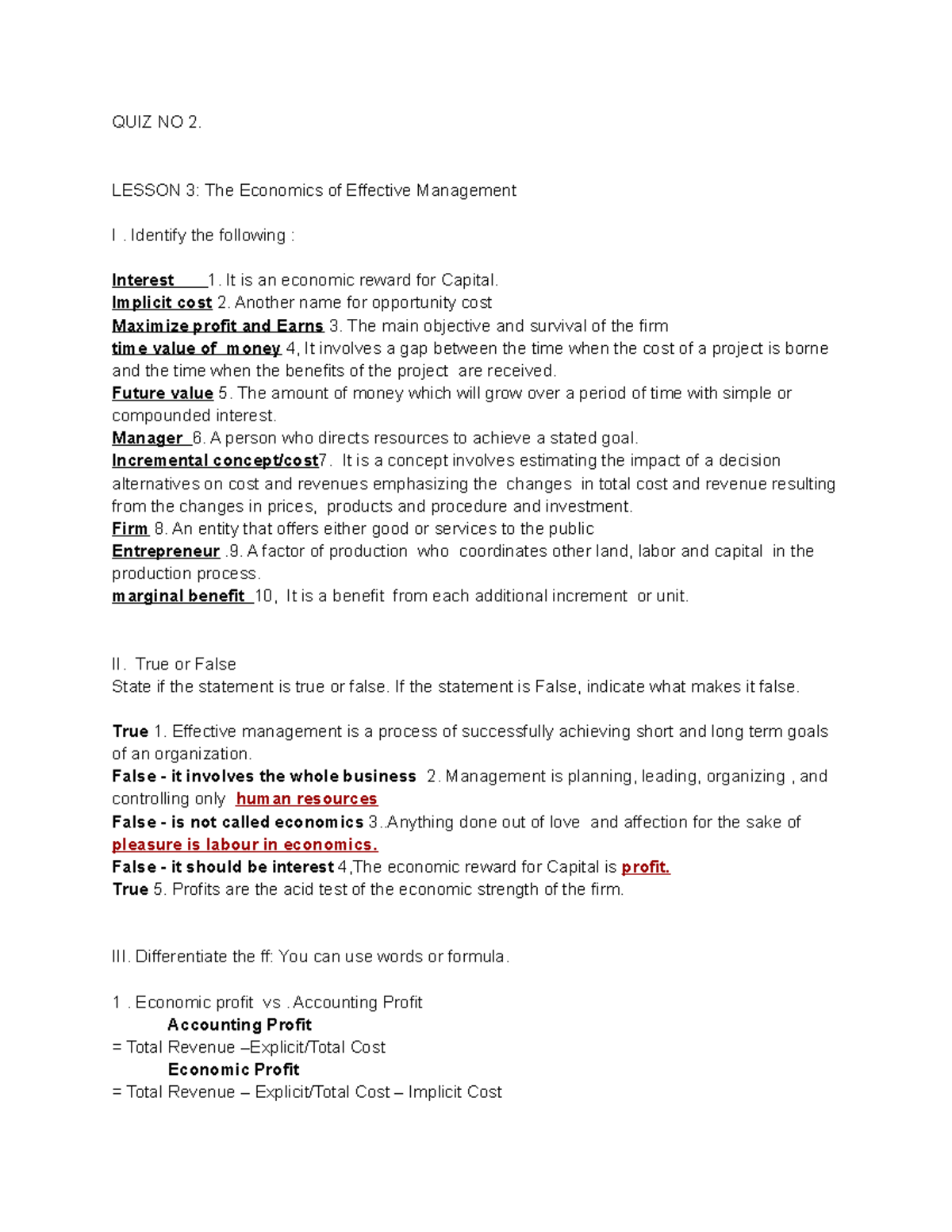 The Economics of Effective Management QUIZ - QUIZ NO 2. LESSON 3: The ...