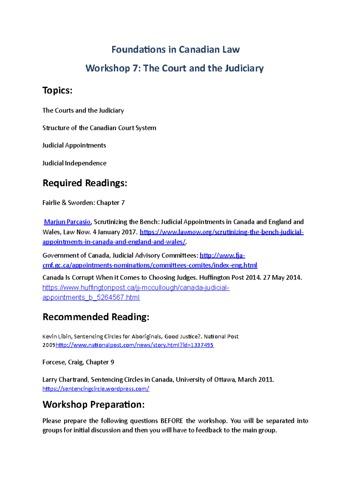 FCL Workshop 7 - Foundations in Canadian Law Workshop 7: The Court and ...