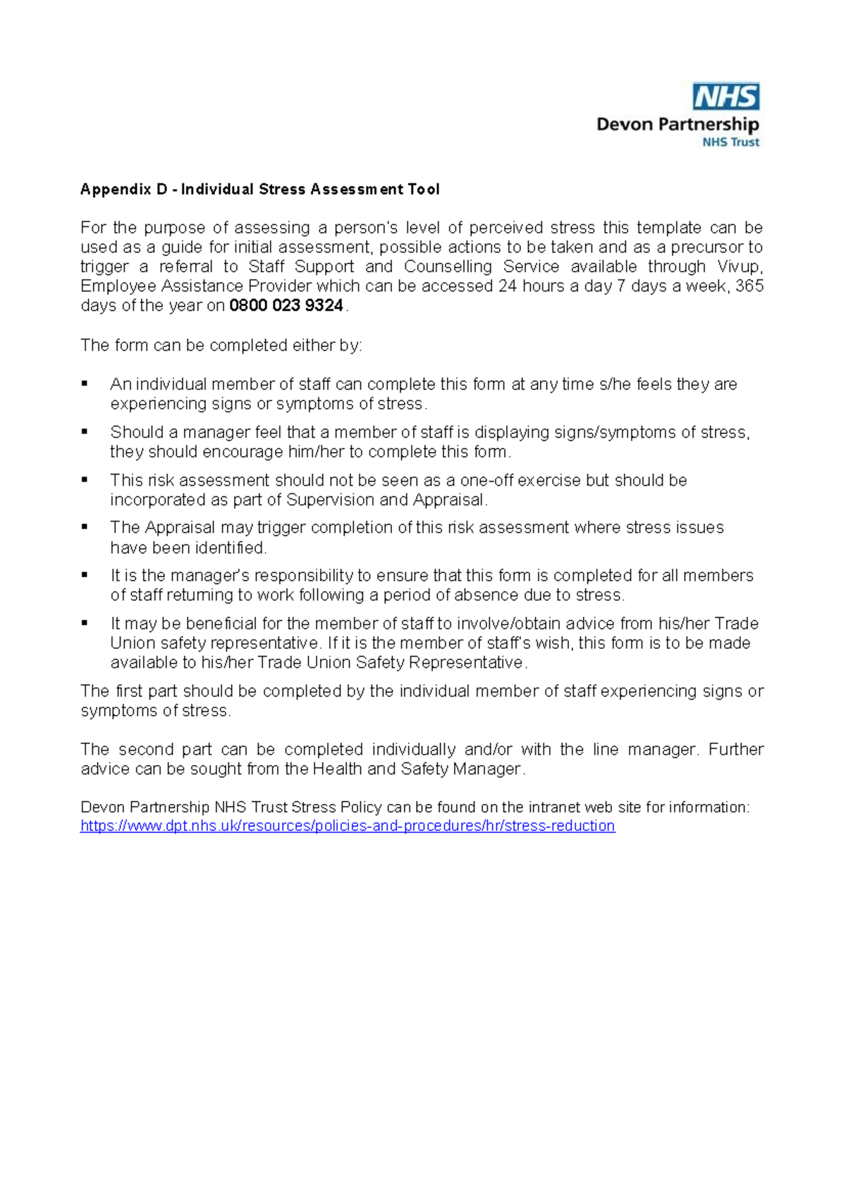 HR52 Appx D Individual Stress Assessment tool Sept 2023 - Appendix D ...