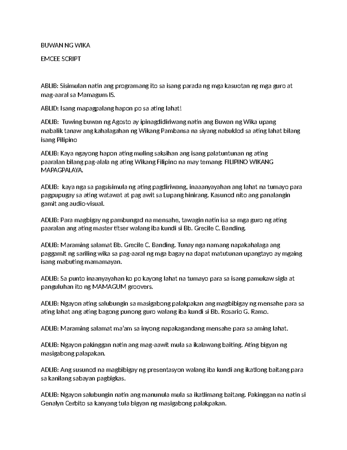 Buwan ng wika emcee script - BUWAN NG WIKA EMCEE SCRIPT ABLIB ...
