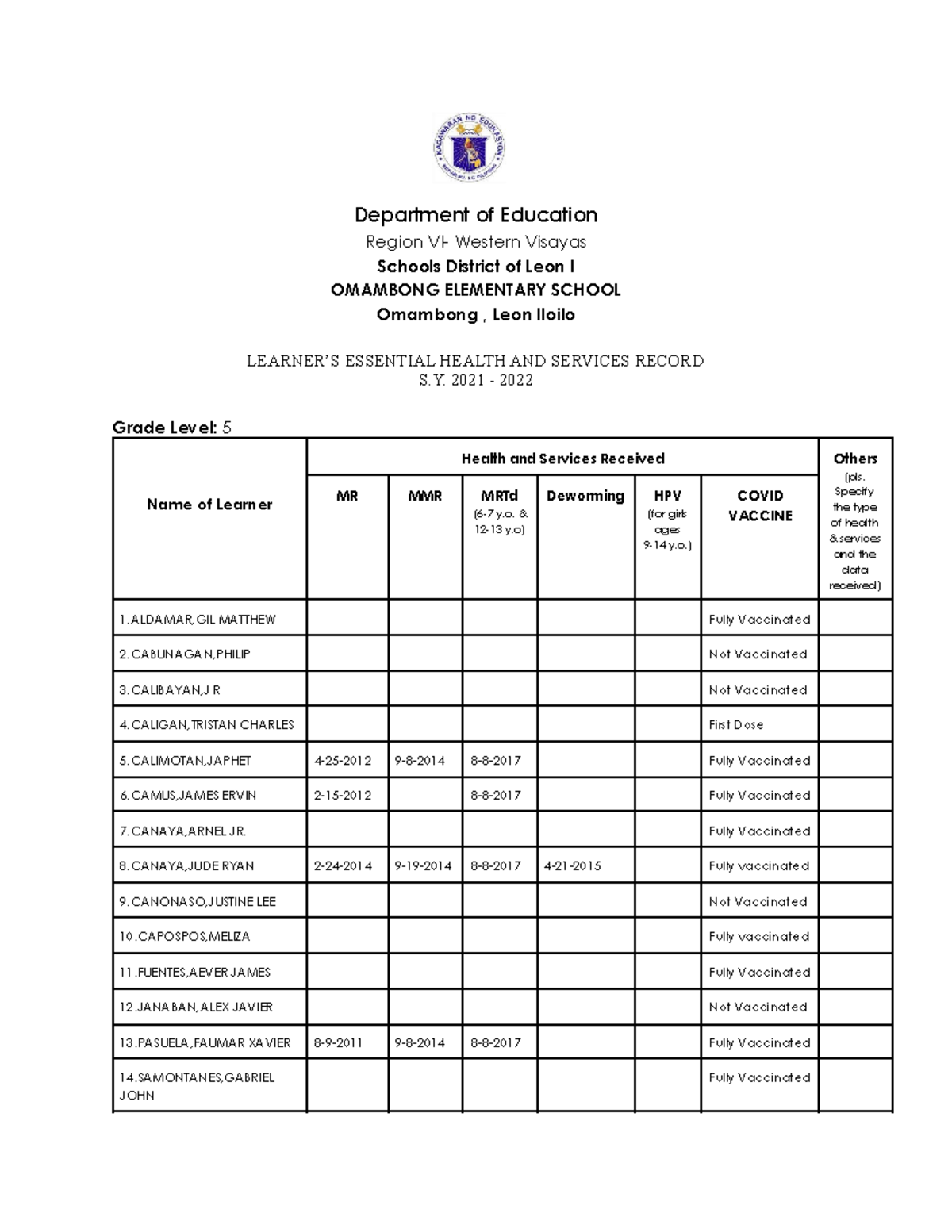 Learners essential health and services record - Department of Education ...