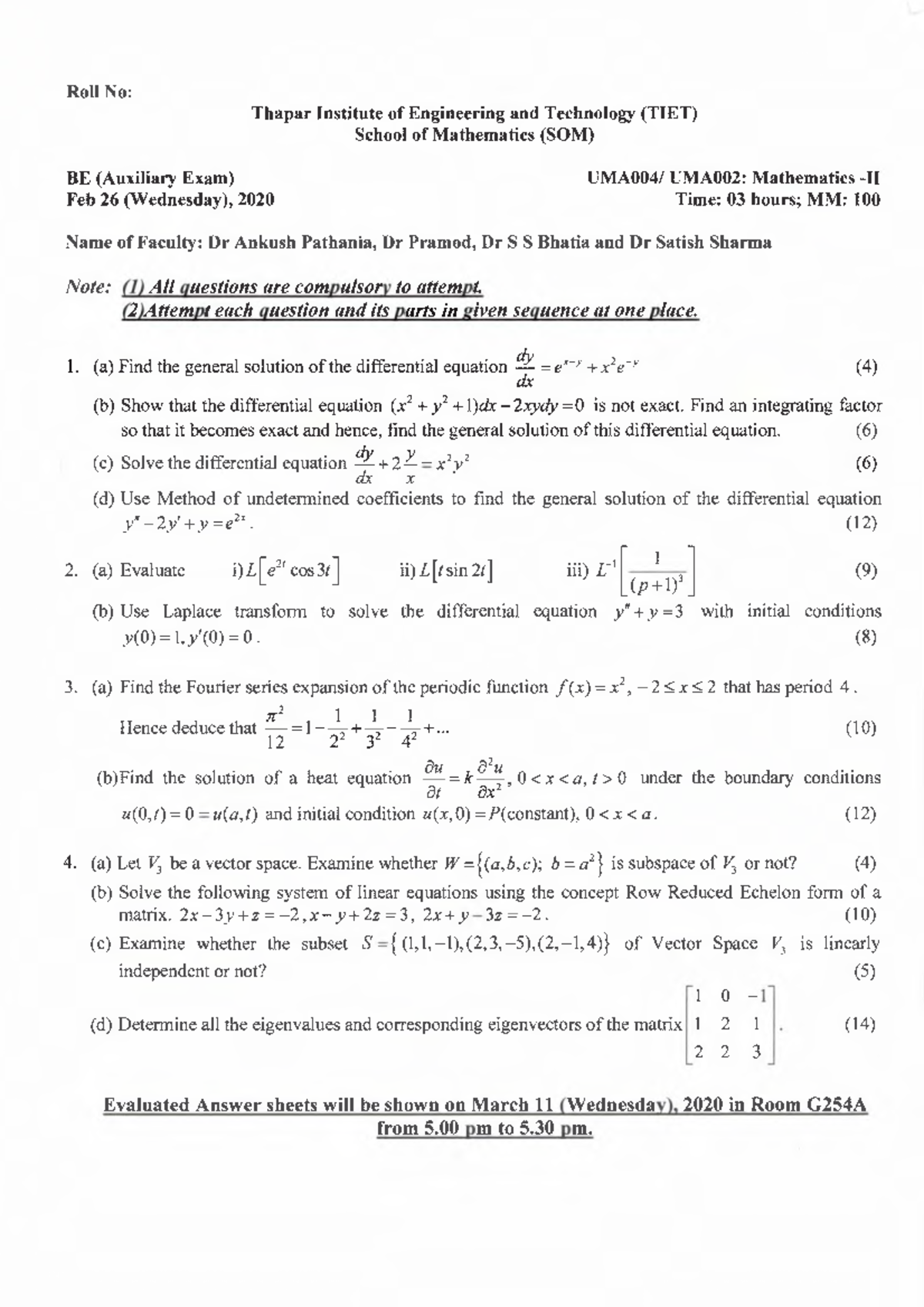 UMA004 - pyp - Roll No: Thapar Institute of Engineering and Technology ...
