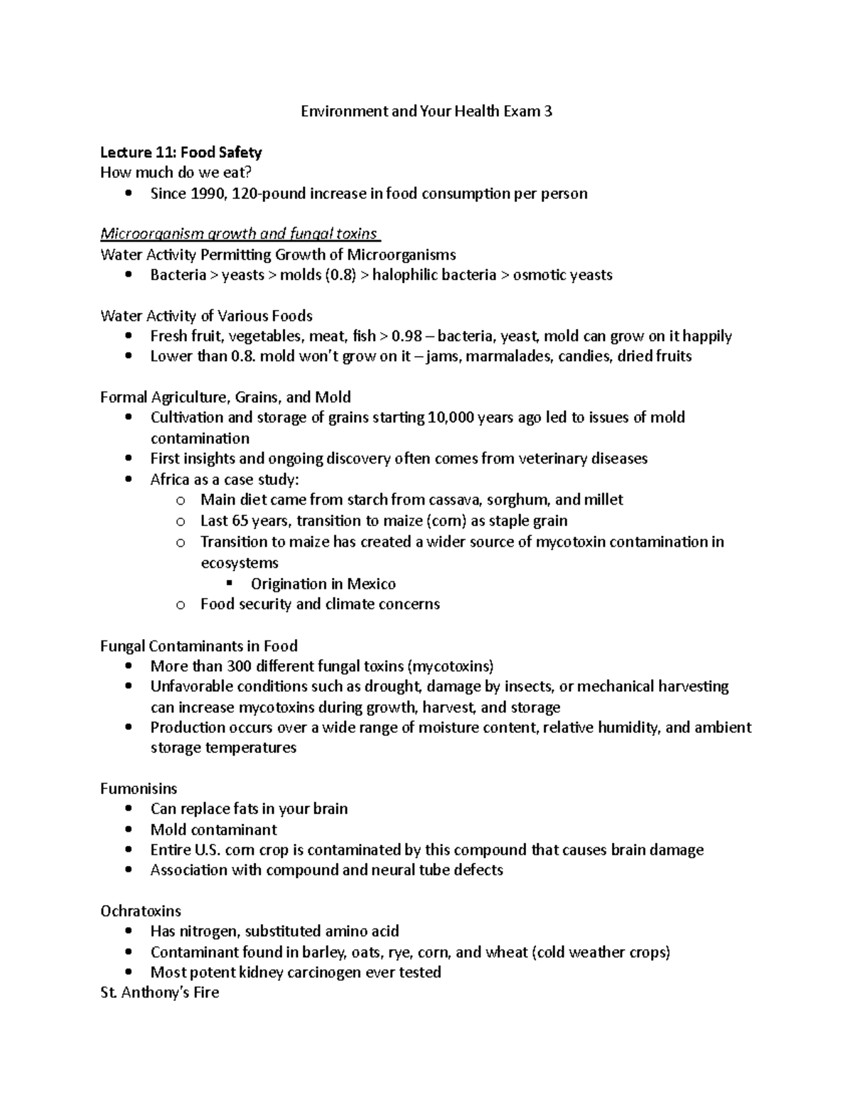 Exam 3 - notes - Environment and Your Health Exam 3 Lecture 11: Food ...
