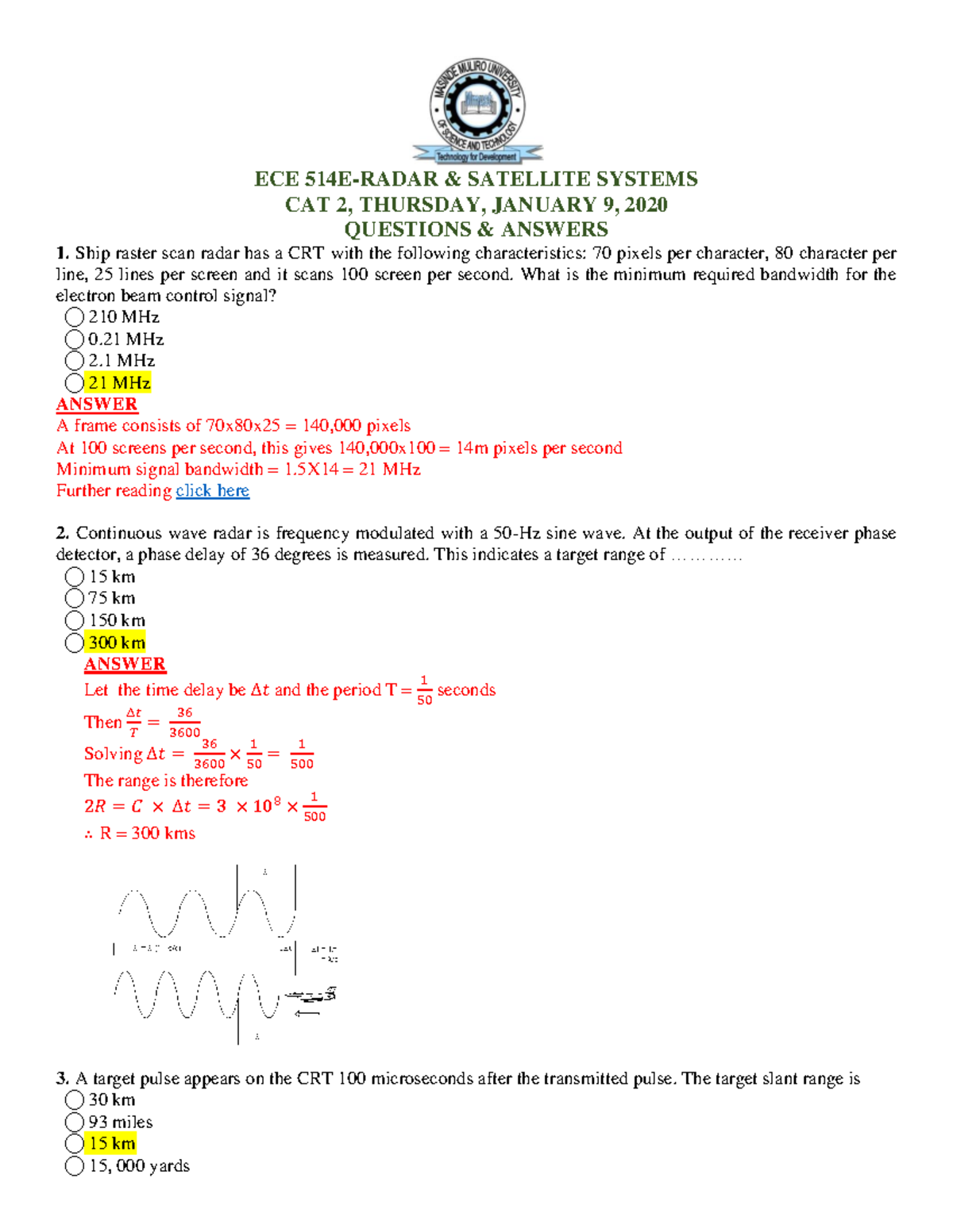 CAT 2 Q4(ANS) - Radar and satellite - ECE 514E-RADAR & SATELLITE ...