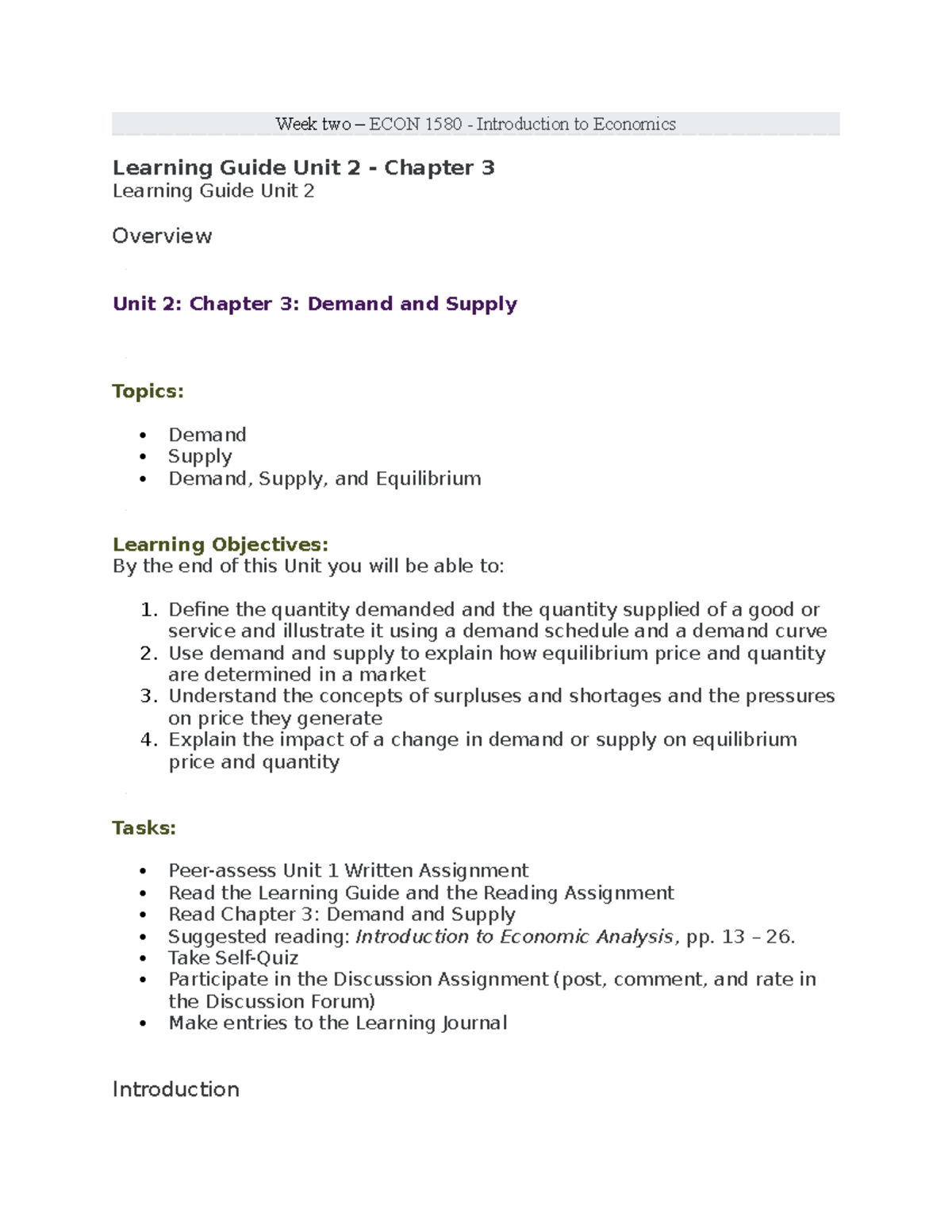 Study Guides-Week two – ECON 1580 chapters 3to5 - Week two – ECON 1580 ...