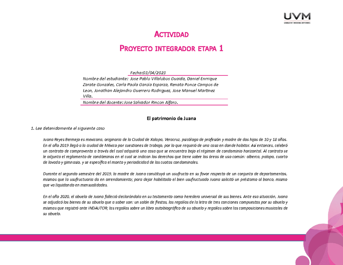 Proyecto integrador etapa 1 teoria - ACTIVIDAD PROYECTO INTEGRADOR ETAPA 1 Fecha:03/04/ Nombre ...