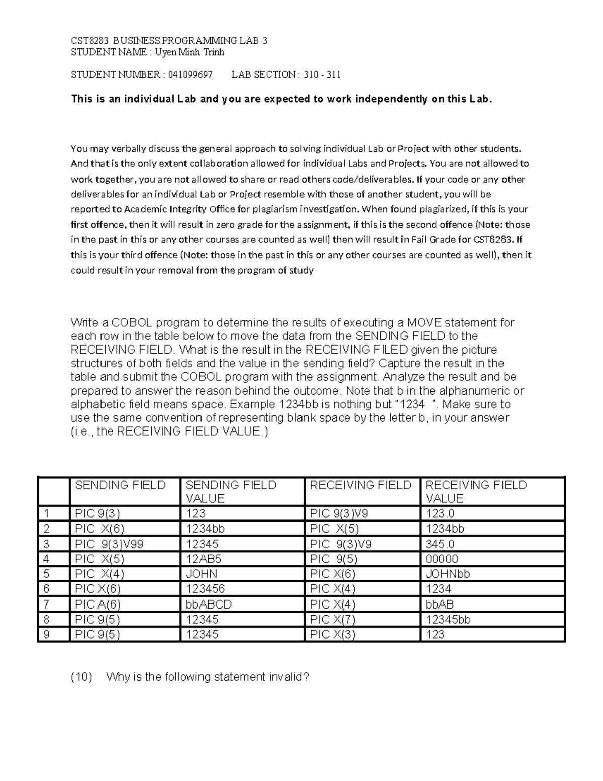 LAB 3 - CST 8283 S2024 - STUDENT NAME : Uyen Minh Trinh STUDENT NUMBER : 041099697 LAB SECTION ...