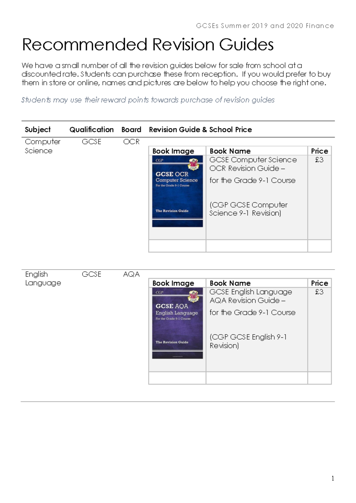 Revision guides - Students can purchase these from reception. If you ...