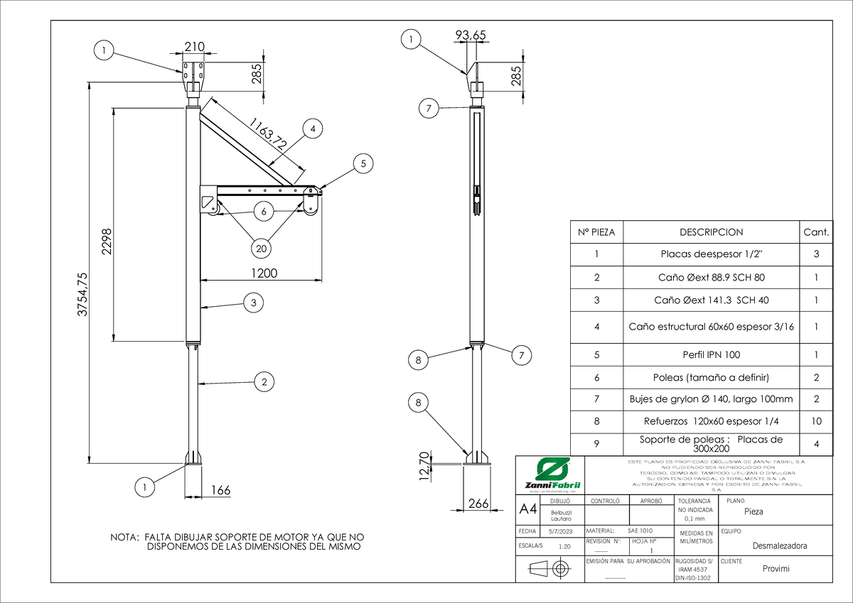 plano Medidas percha - 2298 1200 1163, 210 285 166 3754, 3 2 1 1 6 4 5 ...