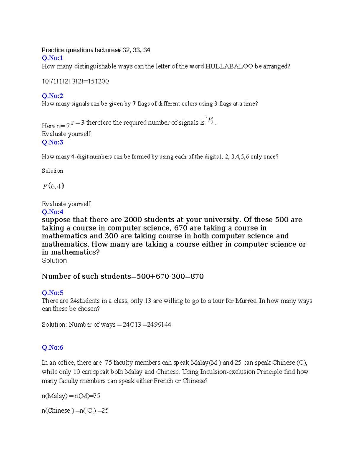 Practice questions and solution lectures 32-34 - Practice questions lectures# 32, 33, 34 Q: How ...