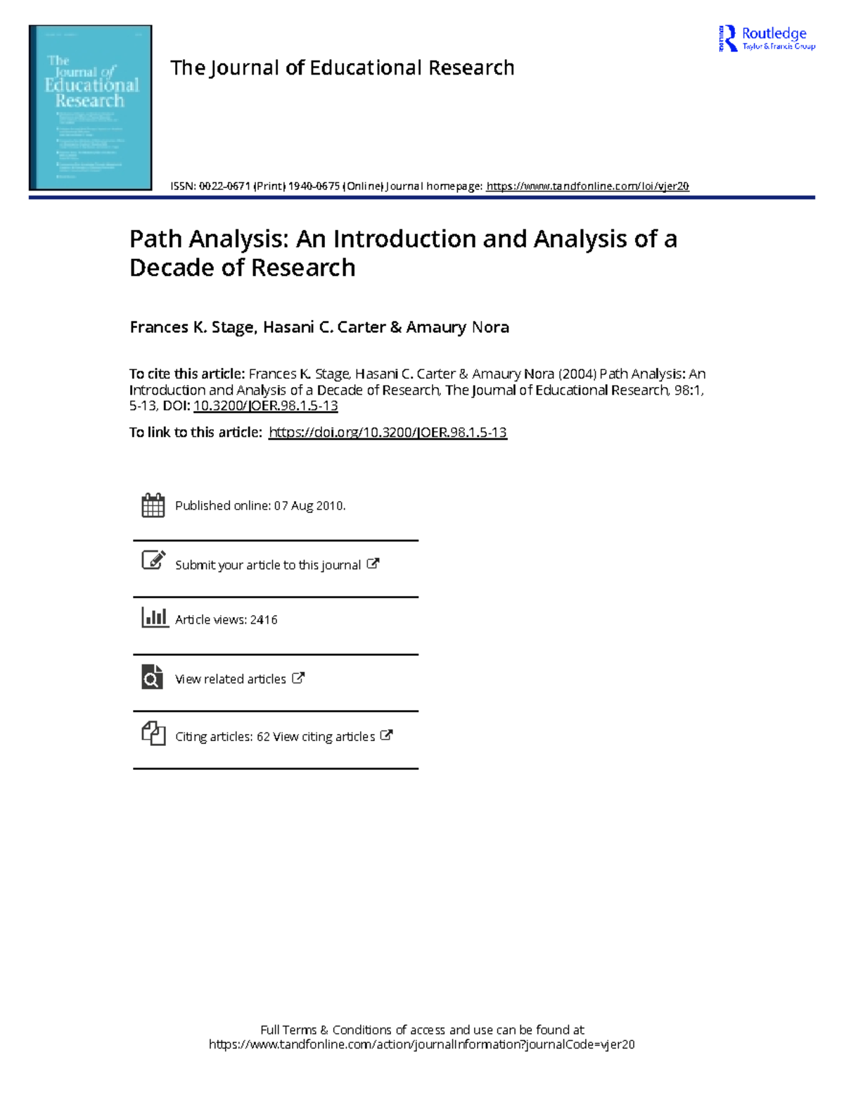 Mandatory Reading; Path Analysis An Introduction and Analysis of a ...
