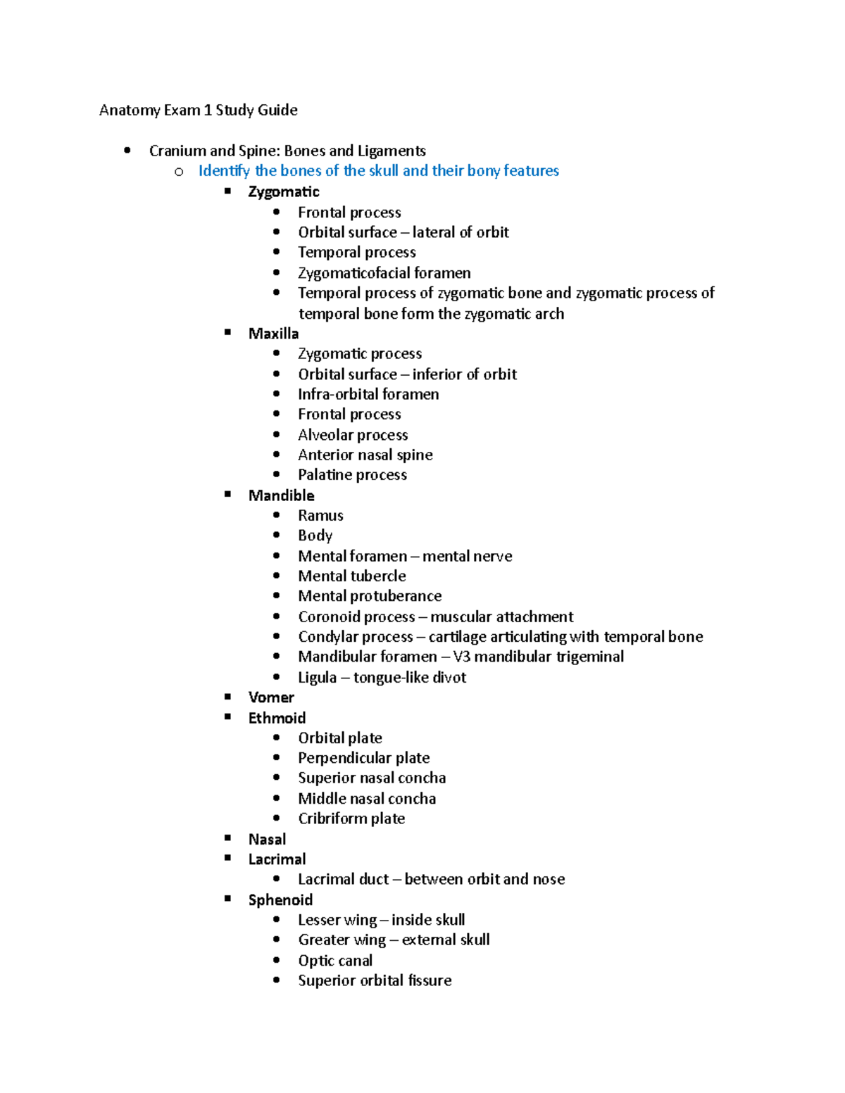 Anatomy Exam 1 Study Guide - Anatomy Exam 1 Study Guide Cranium and ...