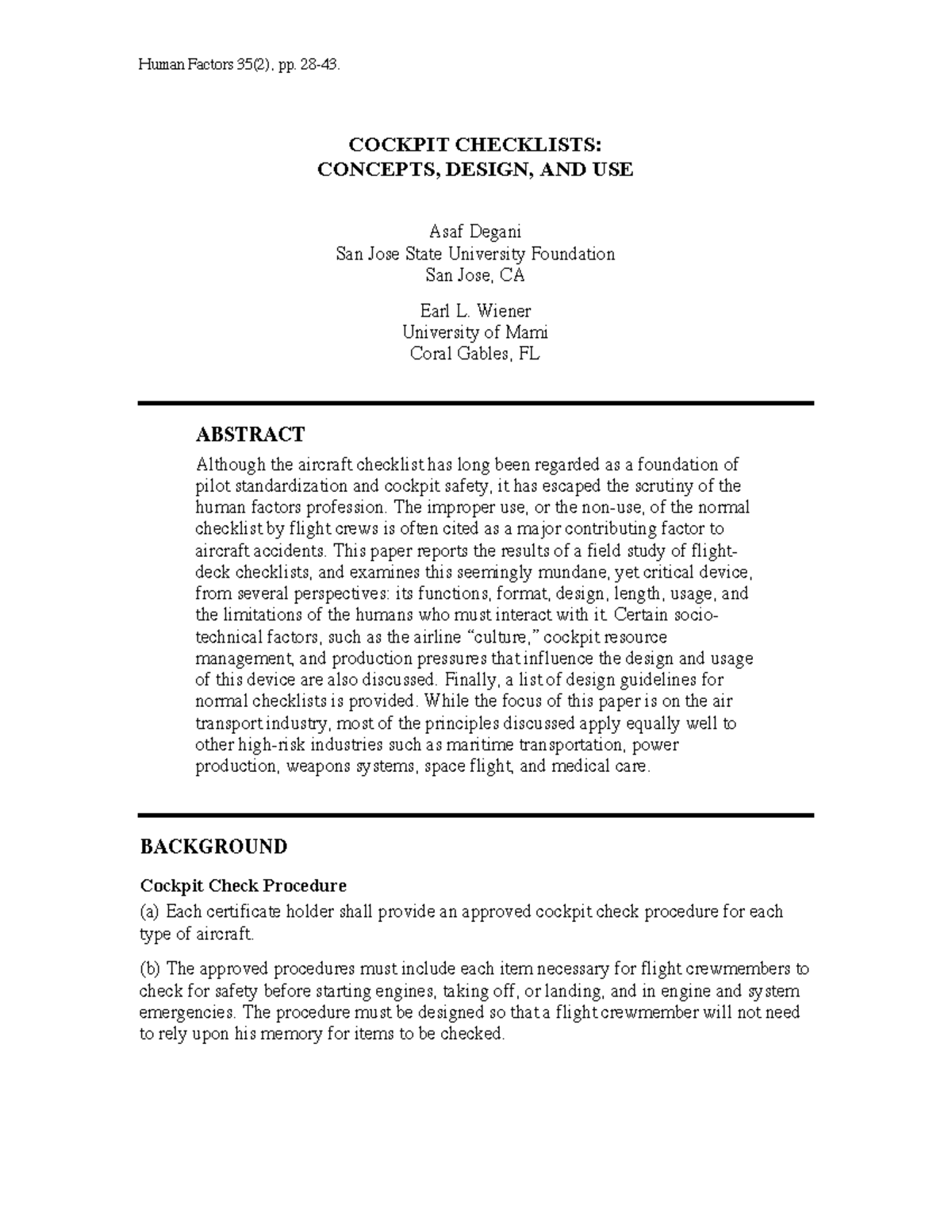 Cockpit Checklists NASA - Human Factors 35(2), pp. 28-43. COCKPIT ...