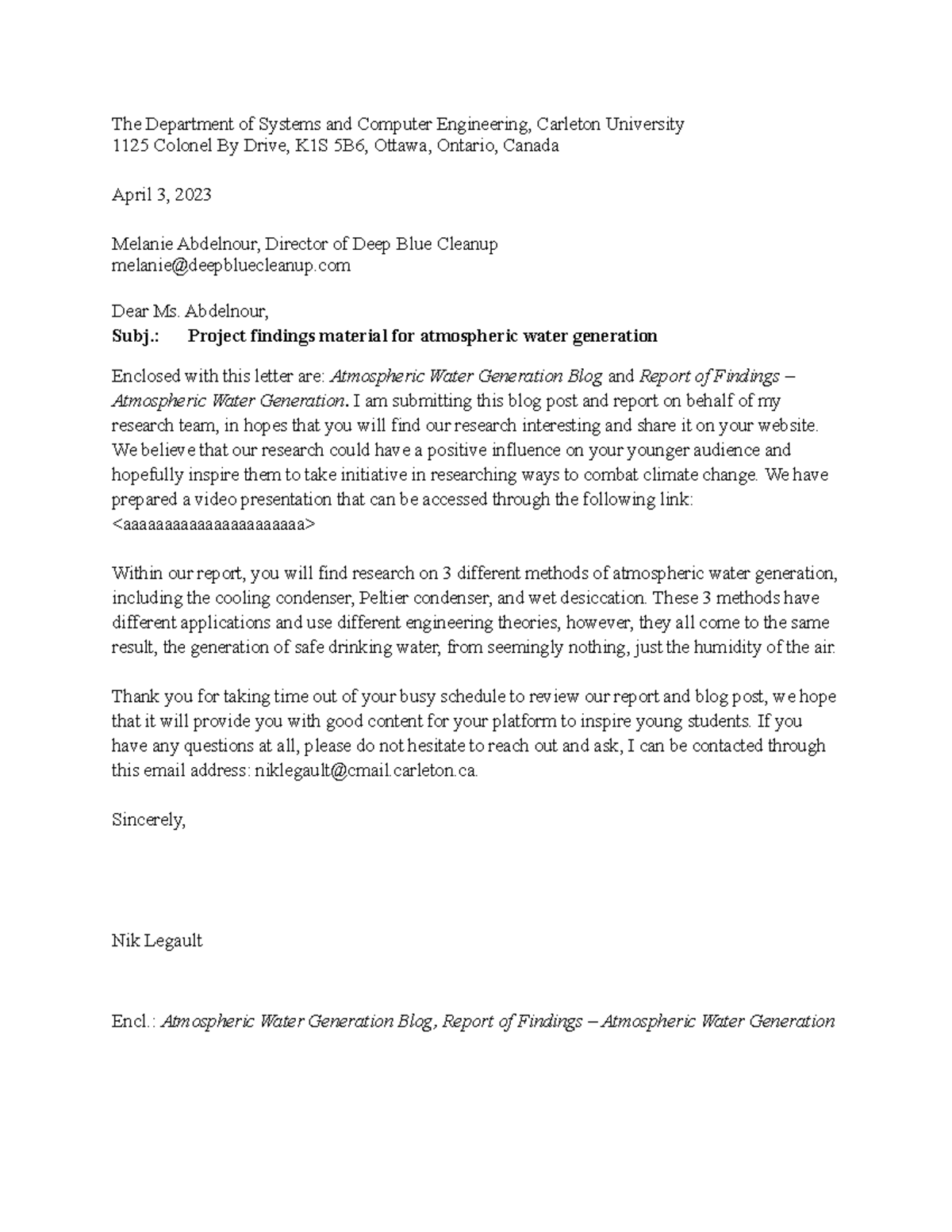 Letter of Transmittal - Team 2 - Atmospheric Water Generation - The ...