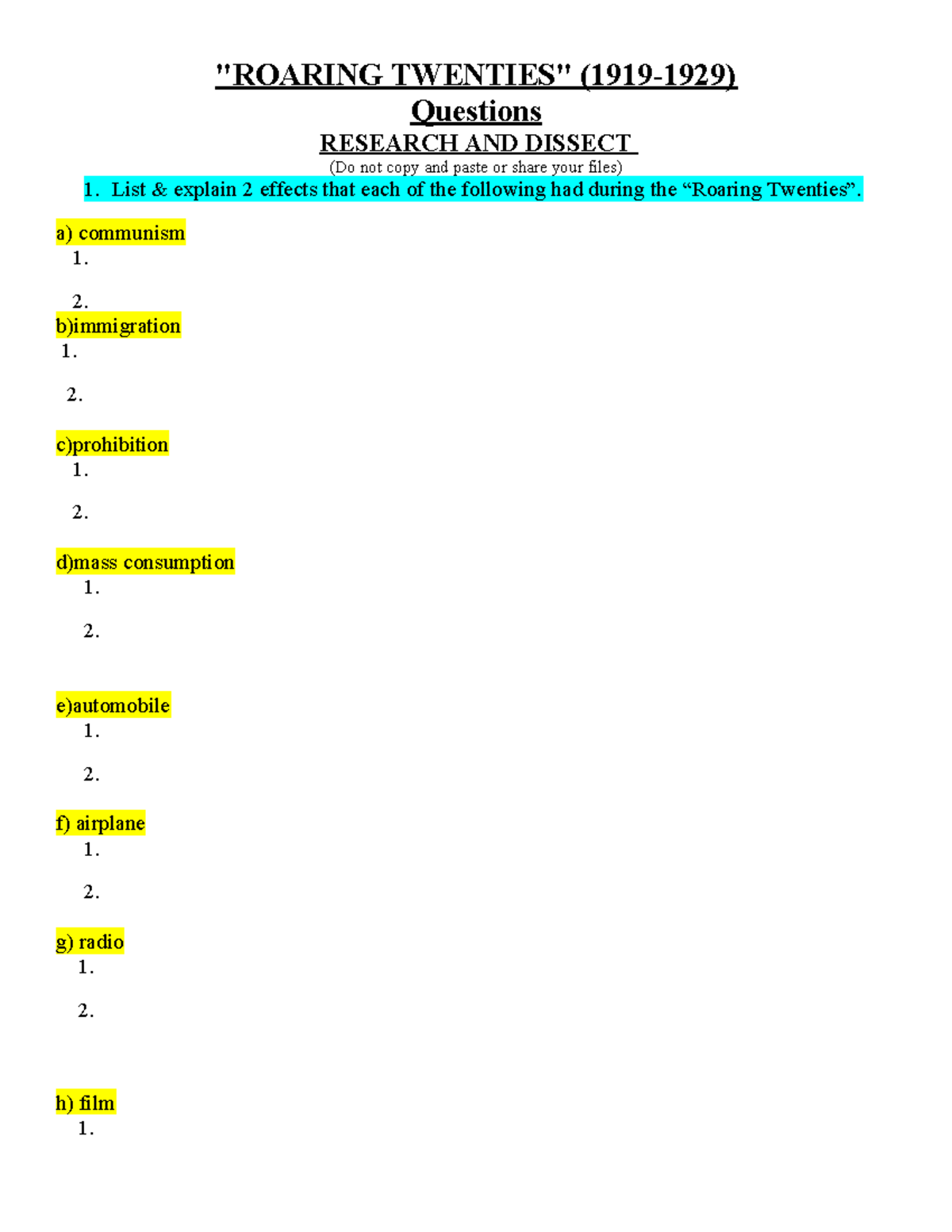 A13 Roaring Twenties - "ROARING TWENTIES" (1919-1929) Questions ...