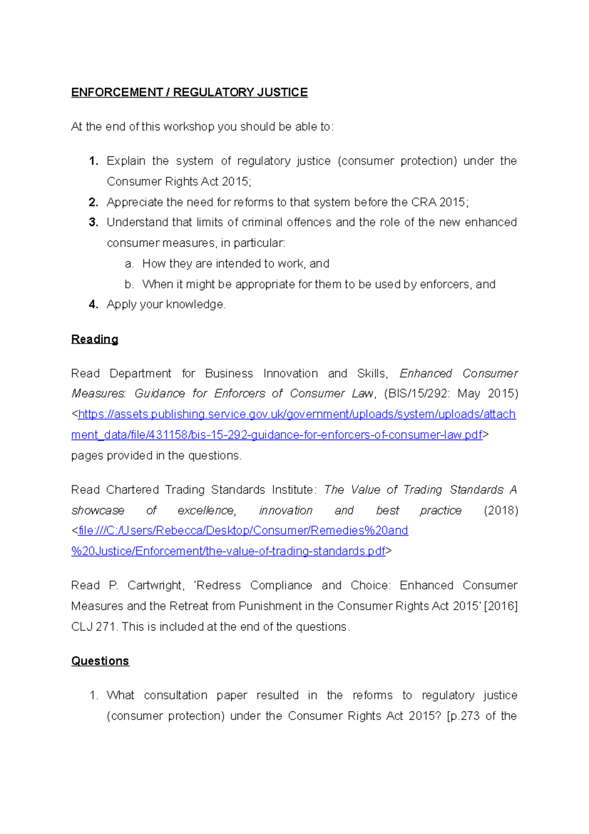 Workshop instructions - Enforcement - ENFORCEMENT / REGULATORY JUSTICE ...