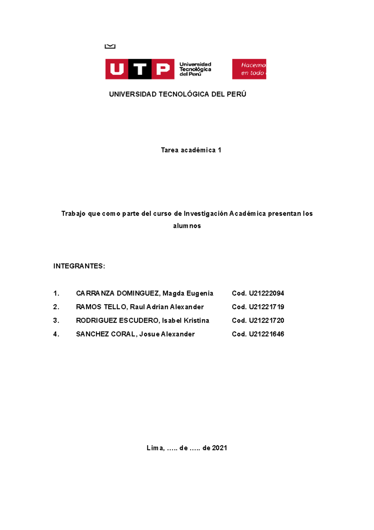 S7 Tarea académica 1 - UNIVERSIDAD TECNOLÓGICA DEL PERÚ Tarea académica ...