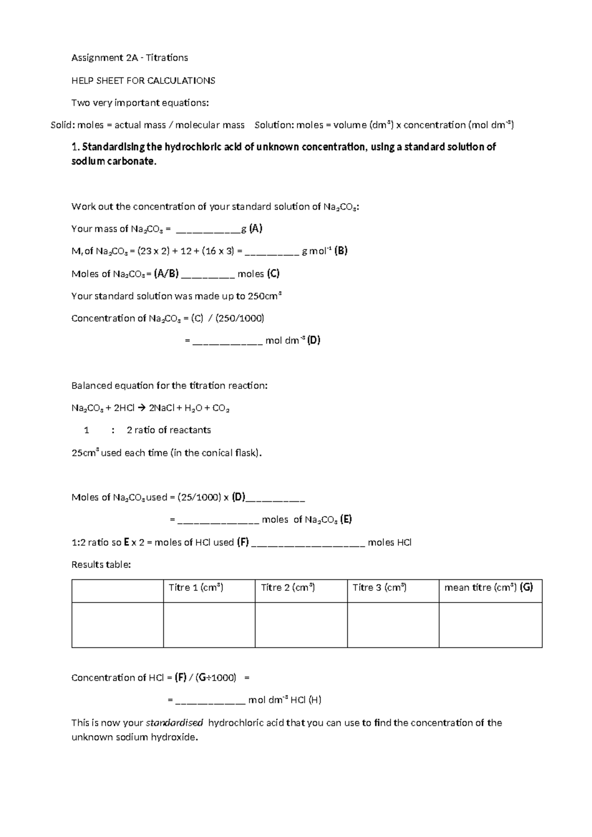 HELP Sheet FOR Calculations - Assignment 2A - Titrations HELP SHEET FOR ...