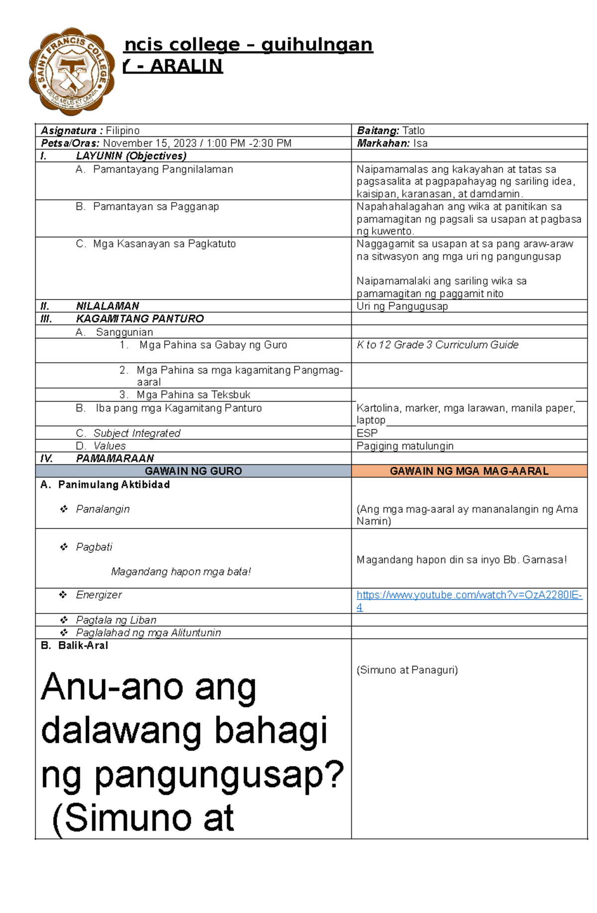 Filipino-3-lp - A LESSON PLAN IN FILIPINO - BANGHAY - ARALIN Asignatura ...