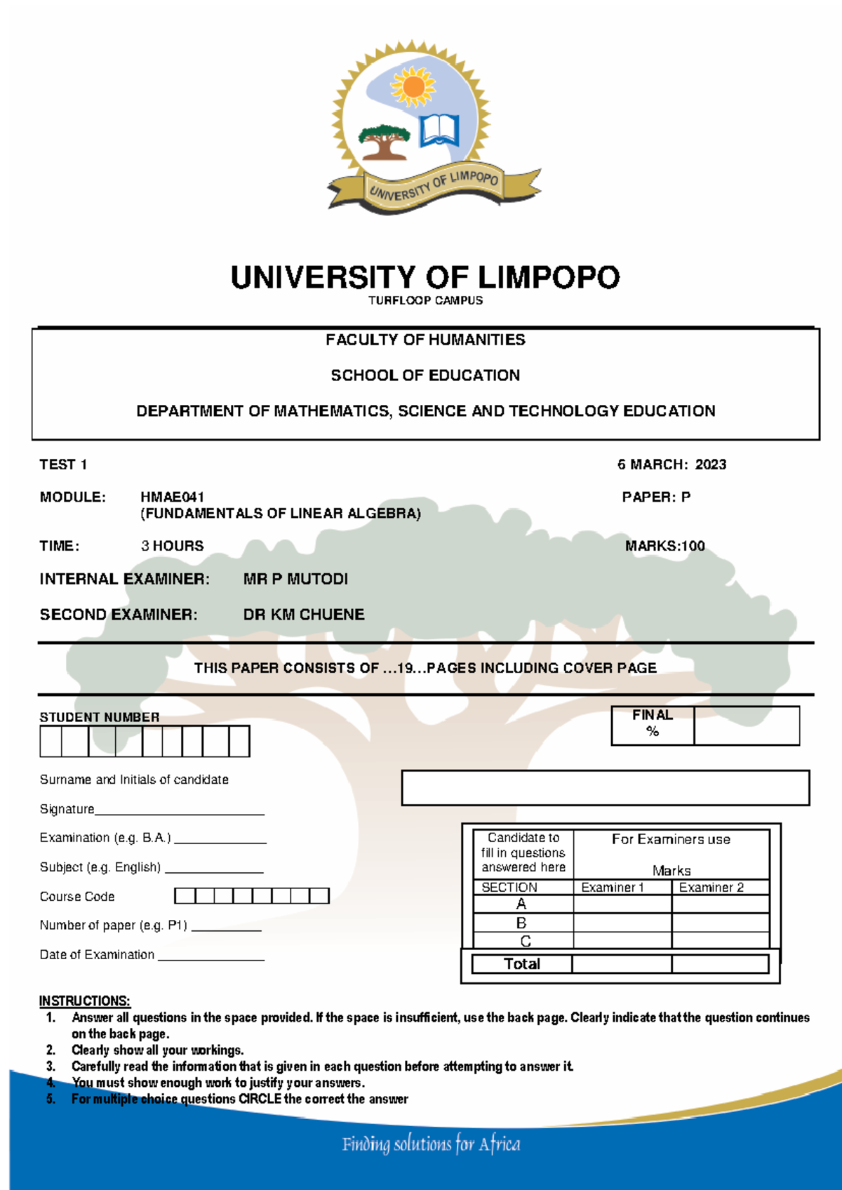 HMAE041 T EST 1 2023 Final 230309 124903 - UNIVERSITY OF LIMPOPO ...