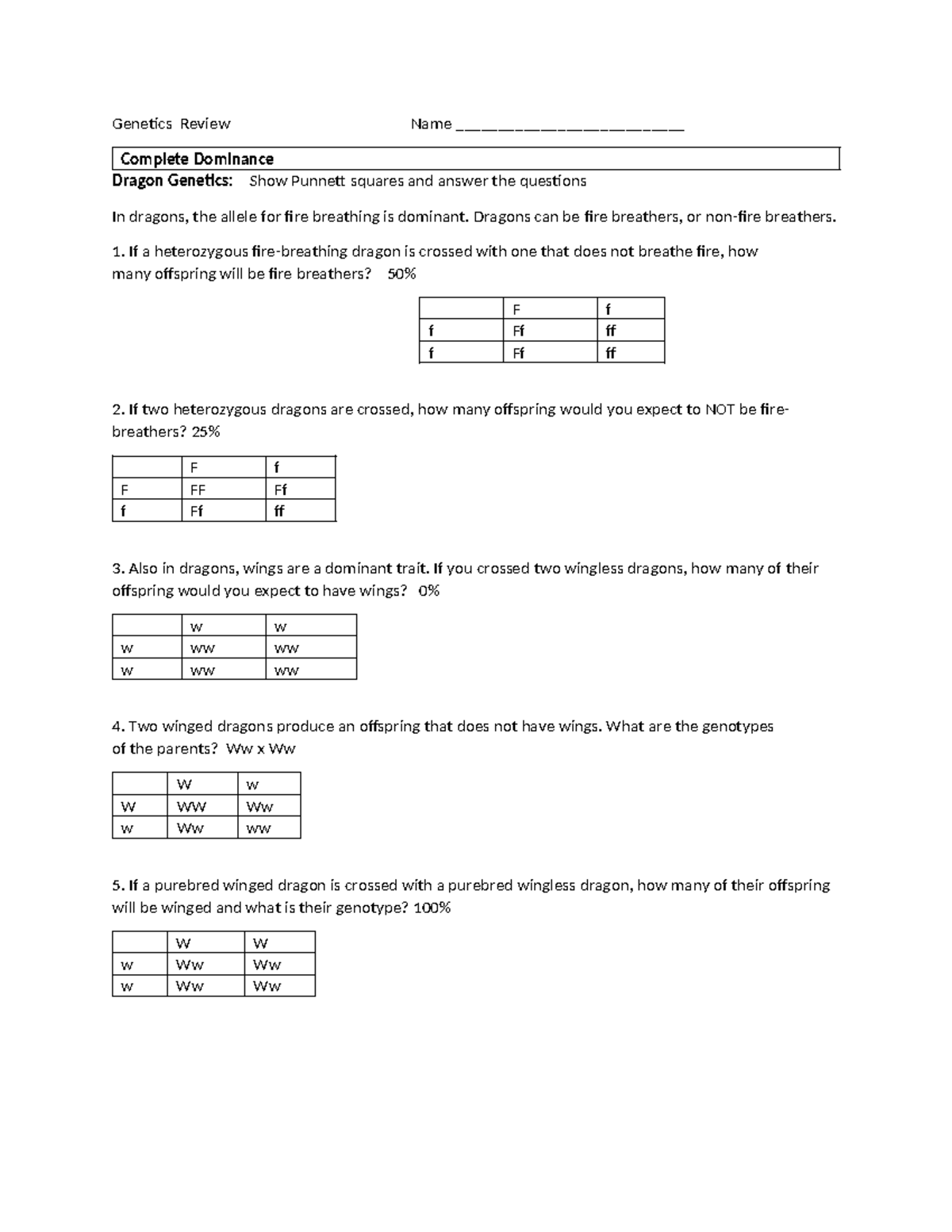 Genetics review questions - key - Genetics Review Name ...